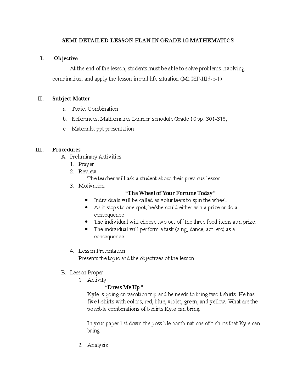 Lesson Plan SEMI DETAILED LESSON PLAN IN GRADE 10 MATHEMATICS I