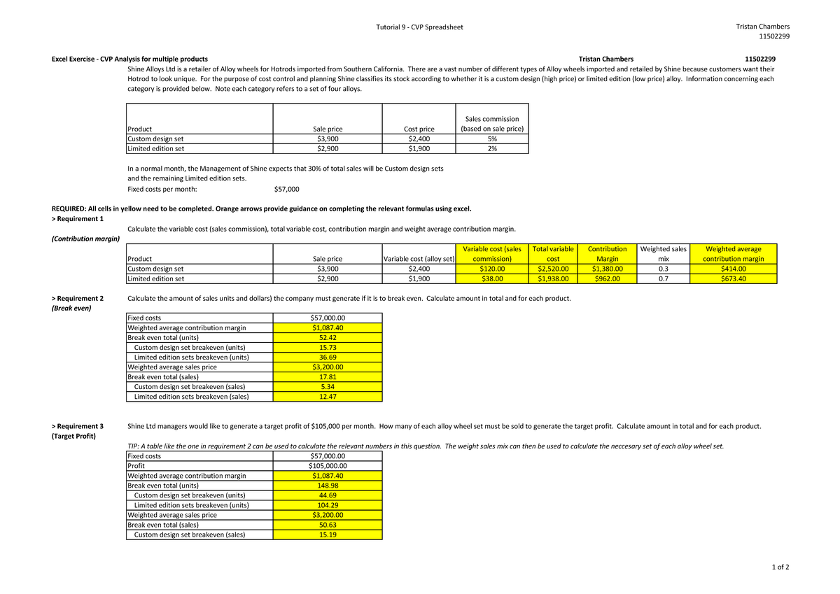 Tutorial 9 CVP Excel Spreadsheet - 11502299 Excel Exercise - CVP Analysis for multiple products ...