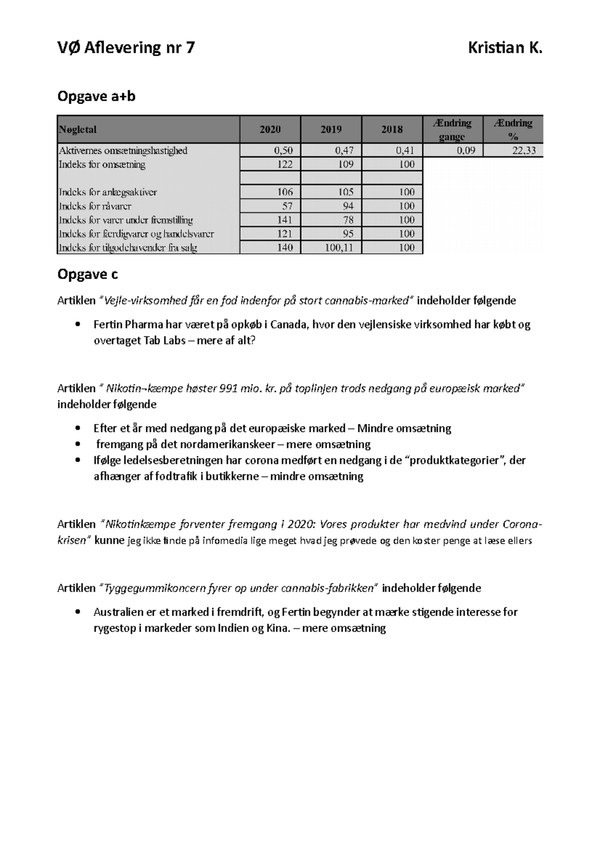 VØ aflevering 7 - noter - VØ Aflevering nr 7 Kristian K. Opgave a+b ...