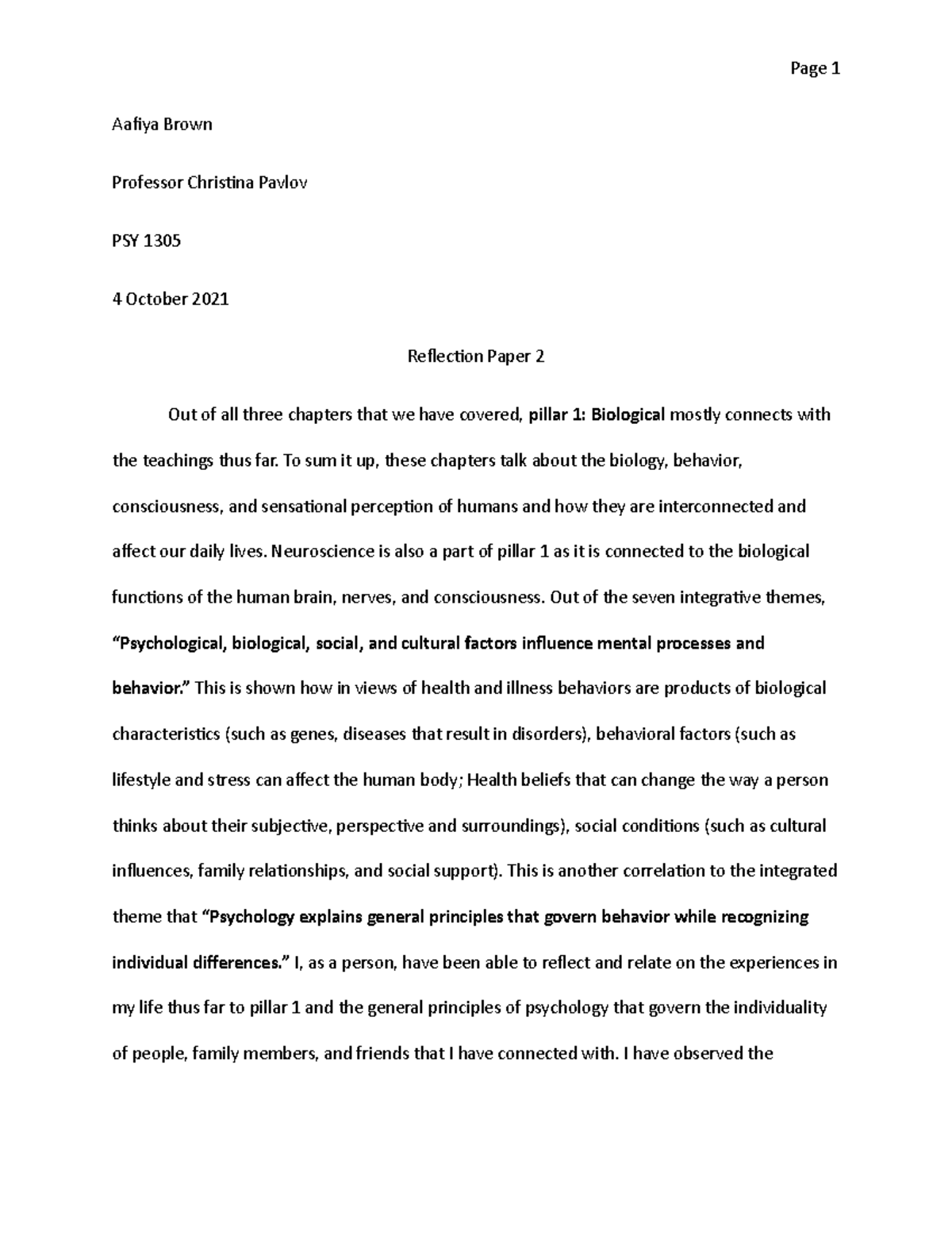 PSY 1305 Reflection Paper 2 - Page 1 Aafiya Brown Professor Christina ...