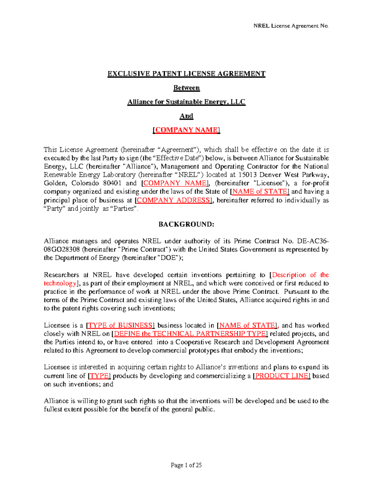 License agreement template exclusive 2 - EXCLUSIVE PATENT LICENSE ...