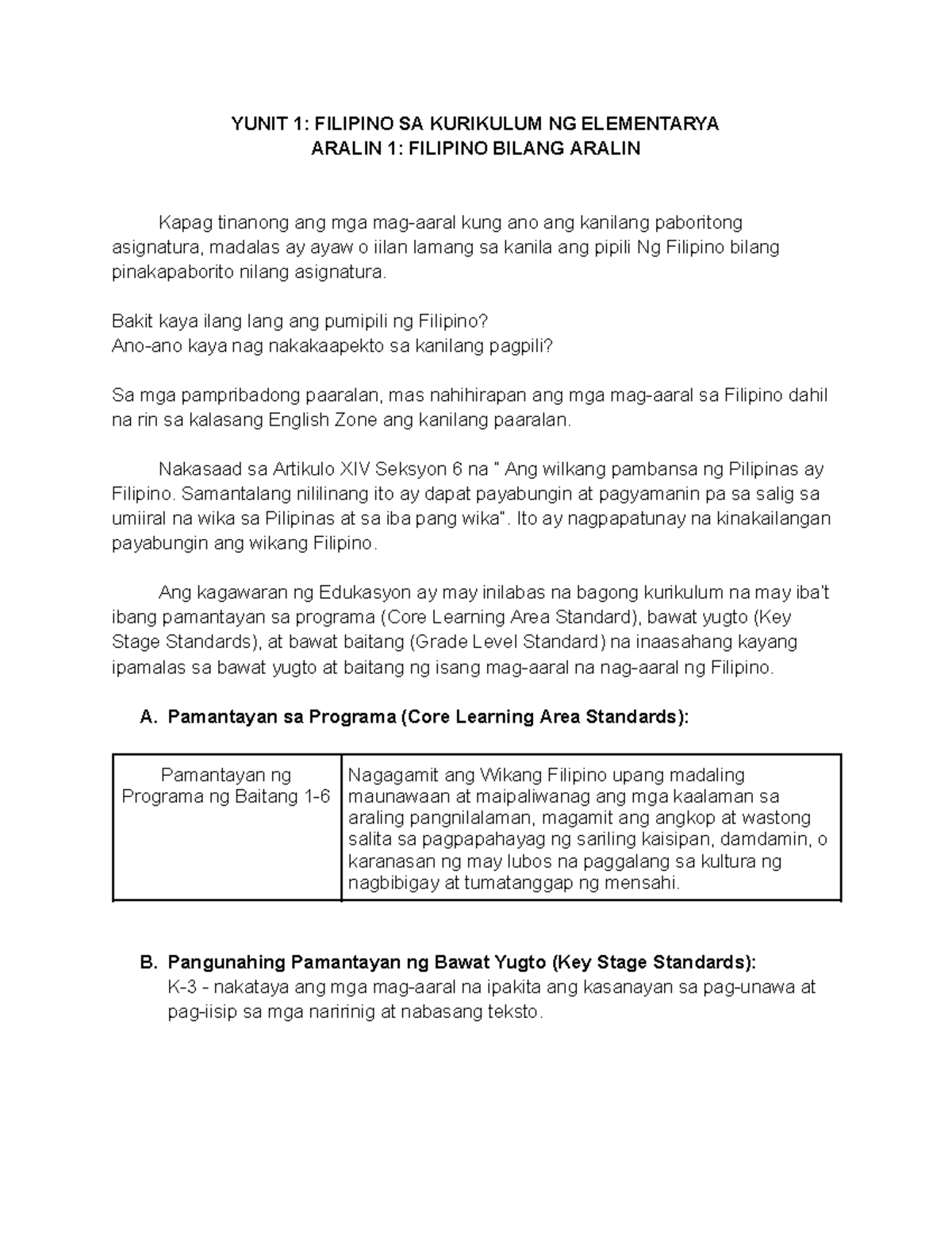 Filipino Written Report - YUNIT 1: FILIPINO SA KURIKULUM NG ELEMENTARYA ...