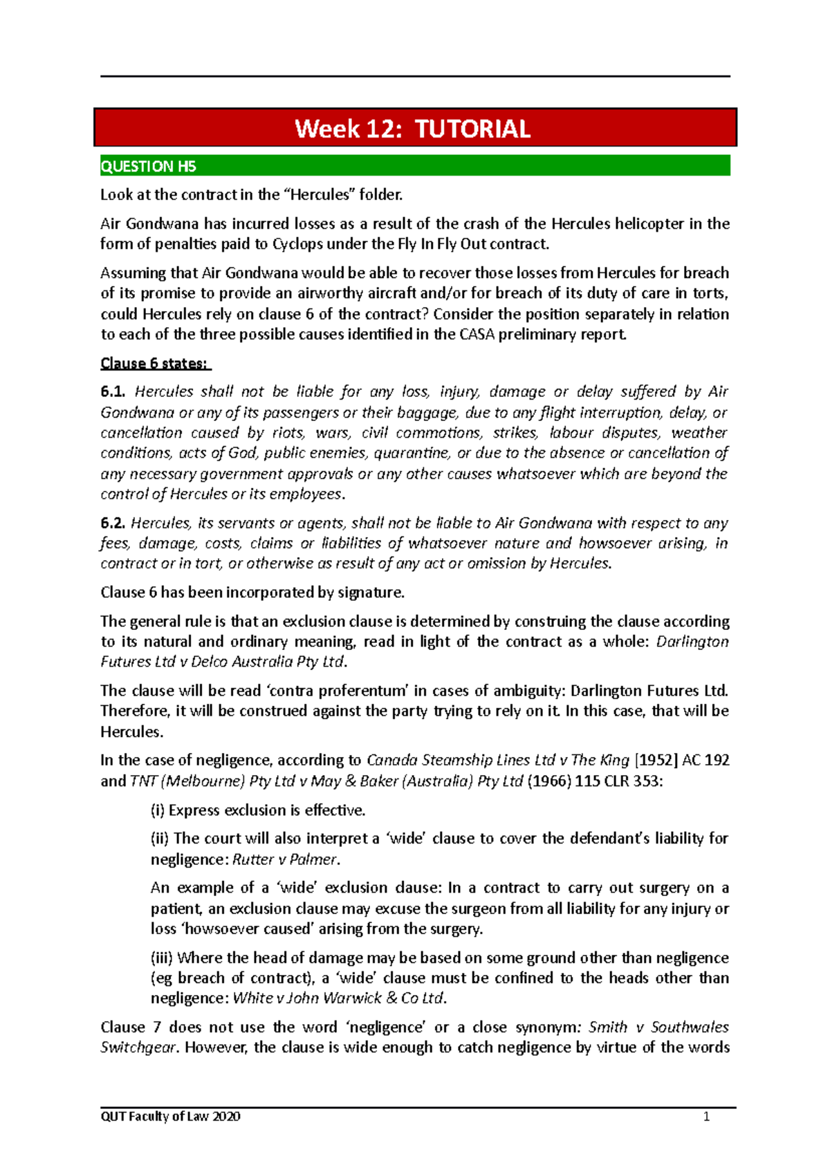 LLB202 Week 12 Tutorial - Week 12: TUTORIAL QUESTION H Look at the ...