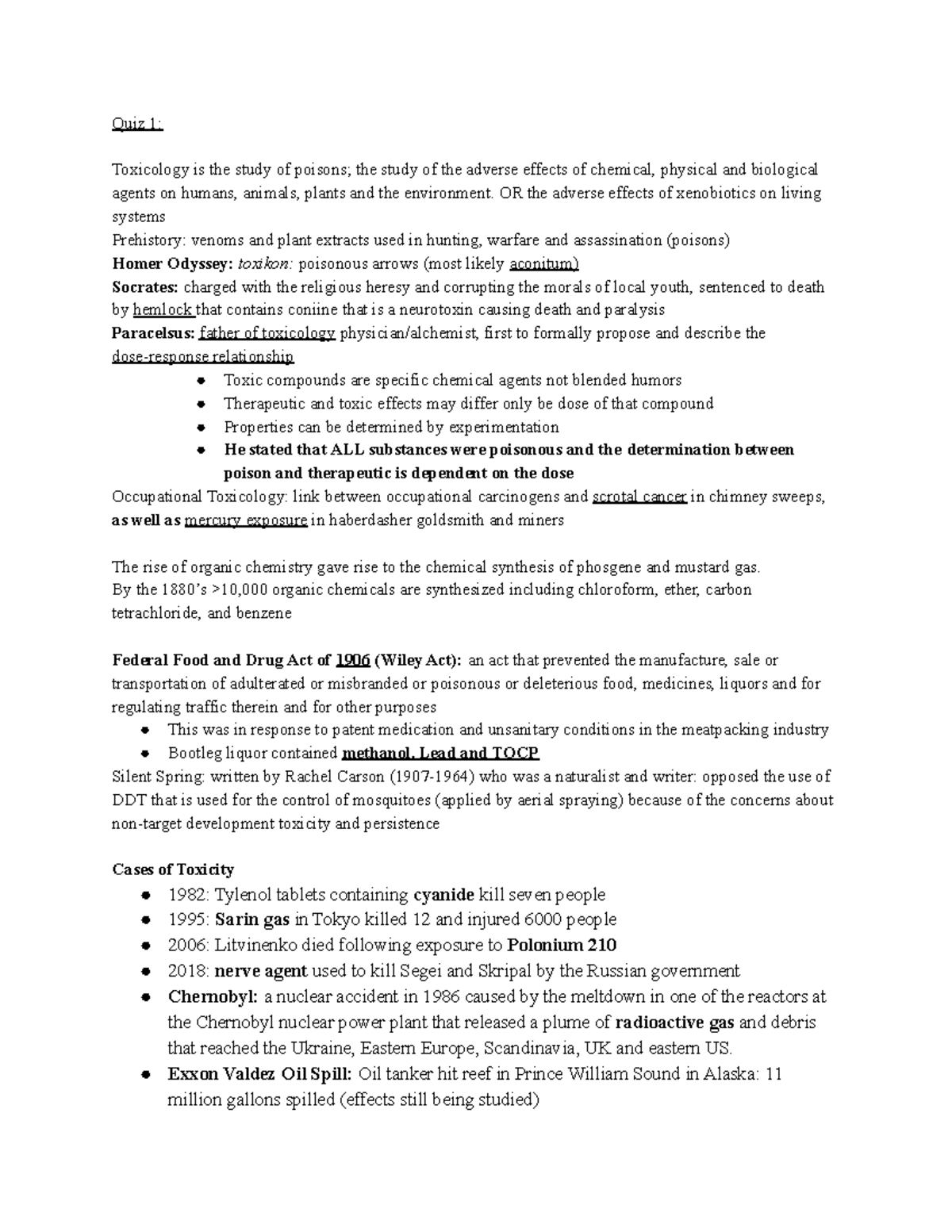 Toxicology Exam 1 with Quiz Questions - Quiz 1: Toxicology is the study ...