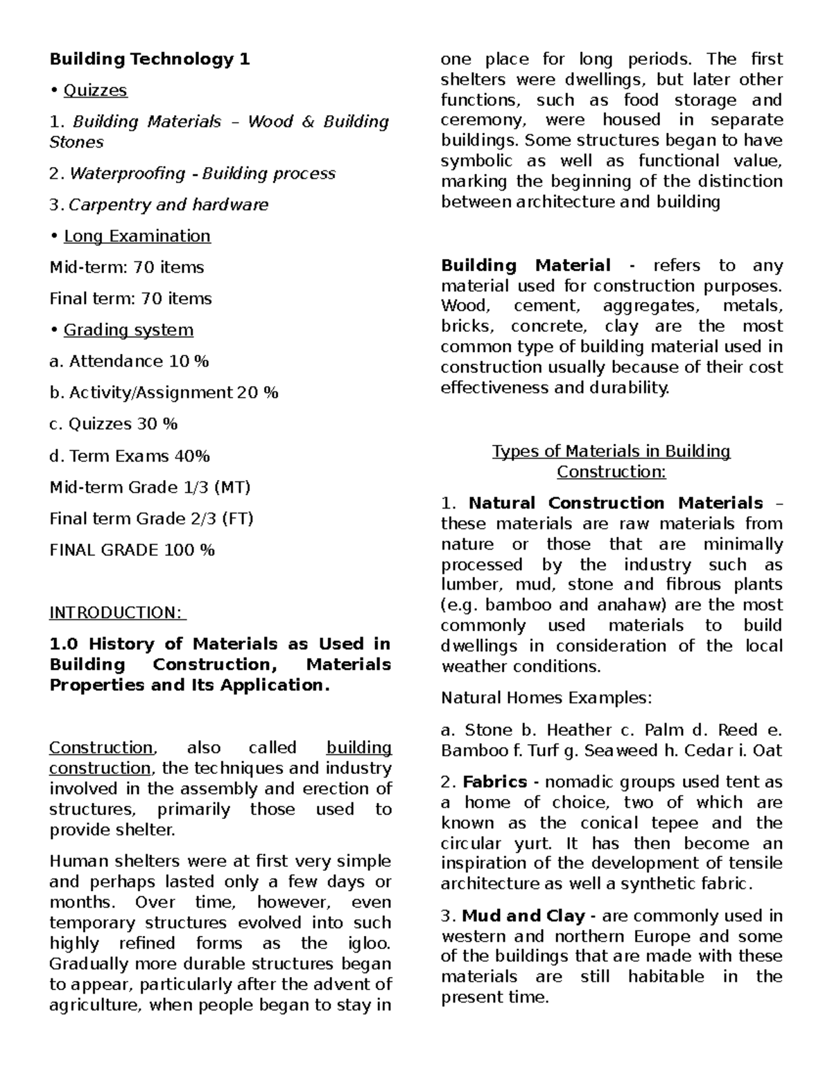 Topic 1 & 2 - Building Technology 1 - Building Technology 1 Quizzes ...