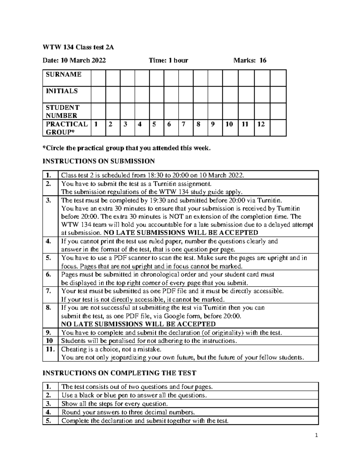 WTW 134 Class test 2A - INSTRUCTIONS ON SUBMISSION Class test 2 is ...