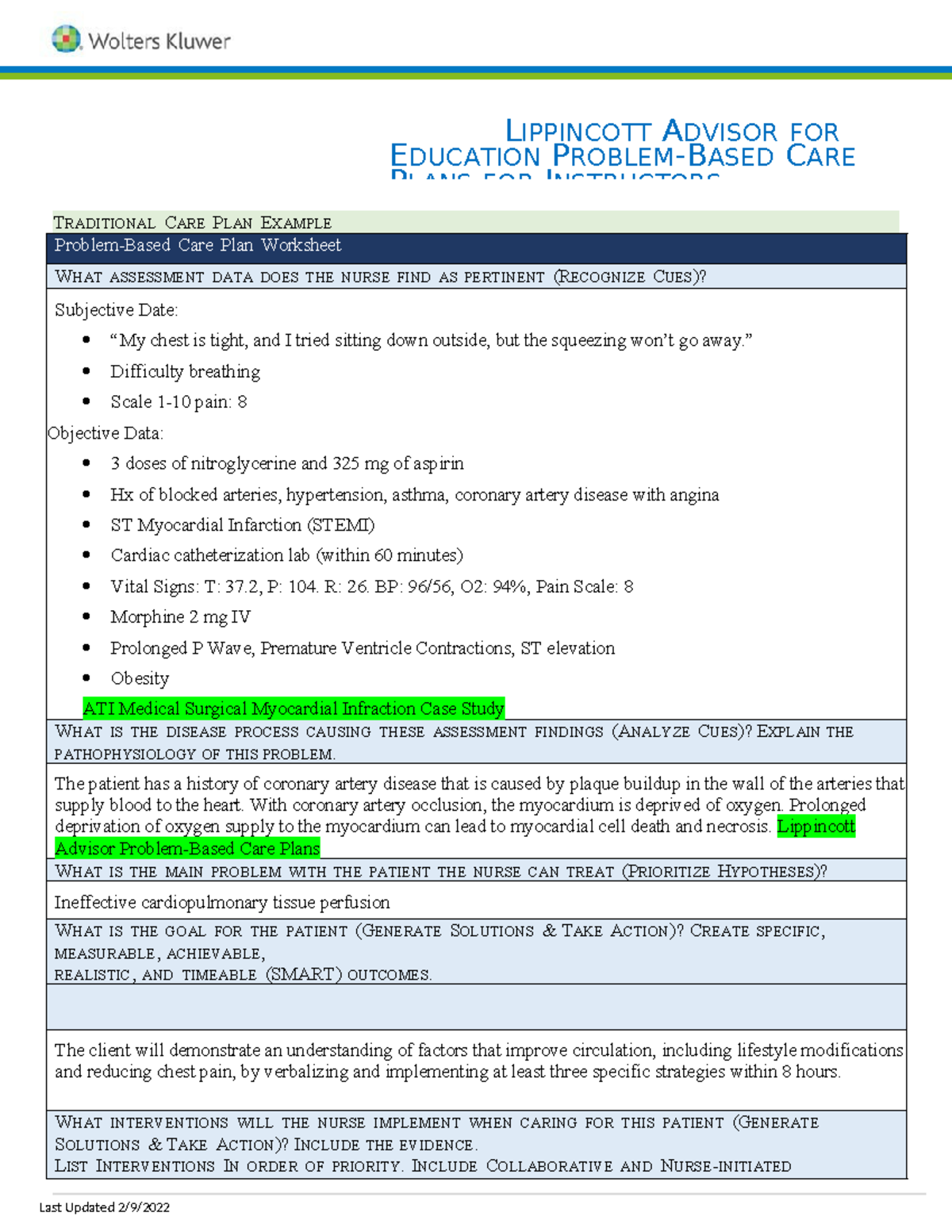 Its an assignment about heart attack - TRADITIONAL CARE PLAN EXAMPLE ...