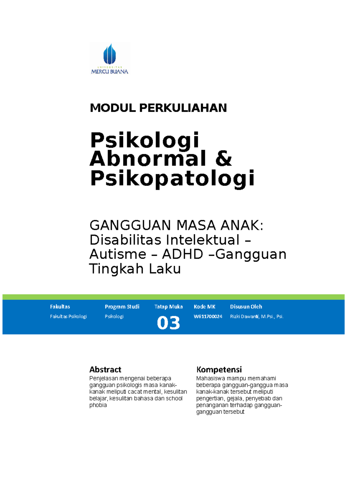 GGP 3 - ggp tm 3 - MODUL PERKULIAHAN Psikologi Abnormal & Psikopatologi GANGGUAN MASA ANAK ...