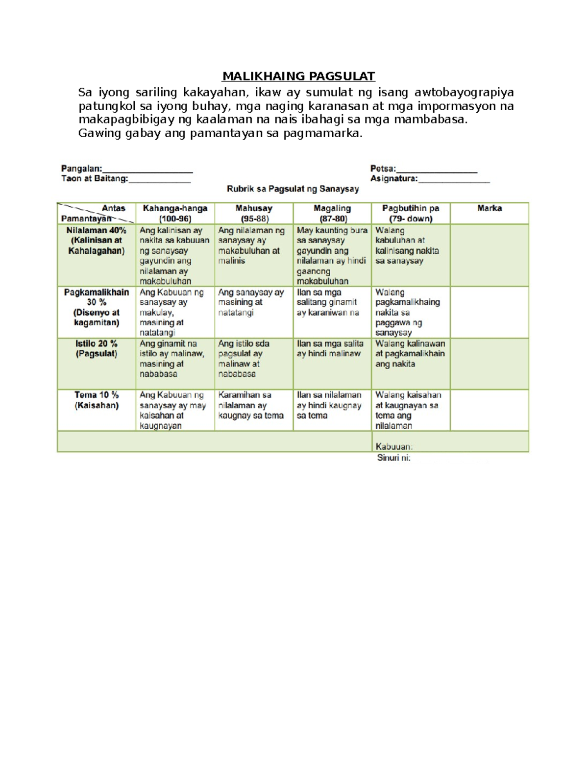Malikhaing Pagsulat-performance task - Pagbasa at Pagsulat Tungo sa Pananaliksik - Studocu