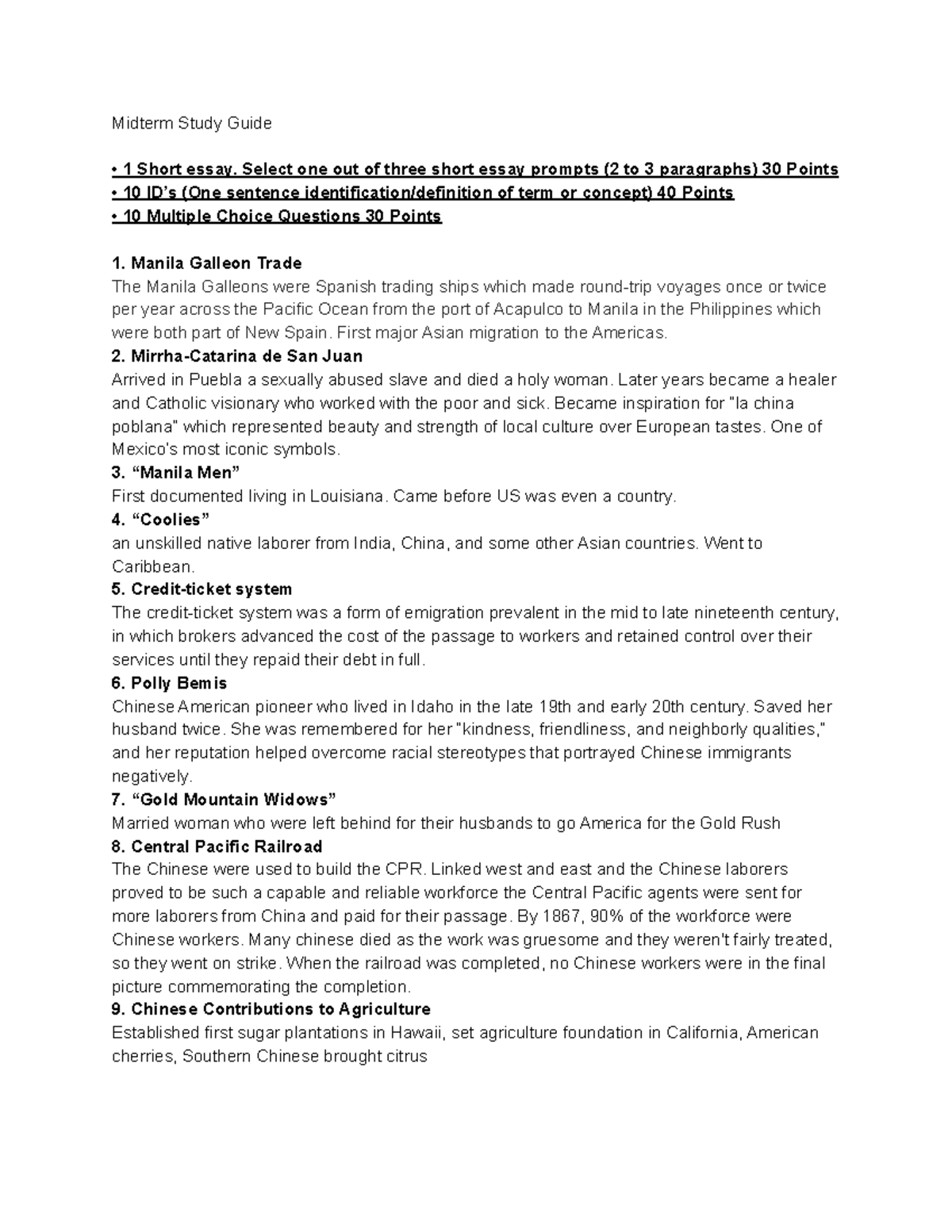 HIST041 Midterm Study Guide - Midterm Study Guide **- 1 Short essay ...