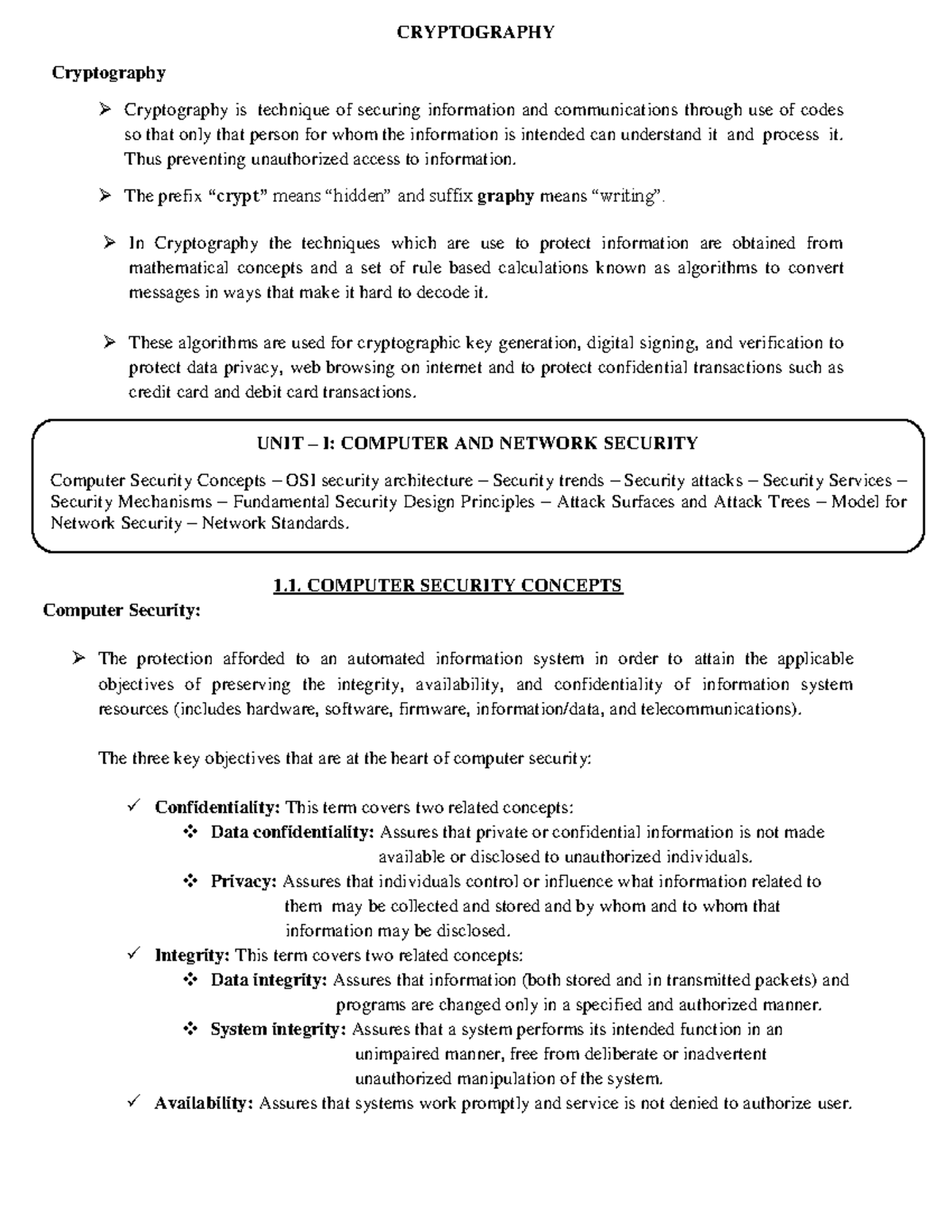 Cryptography Unit 1 Notes - CRYPTOGRAPHY Cryptography Cryptography is ...