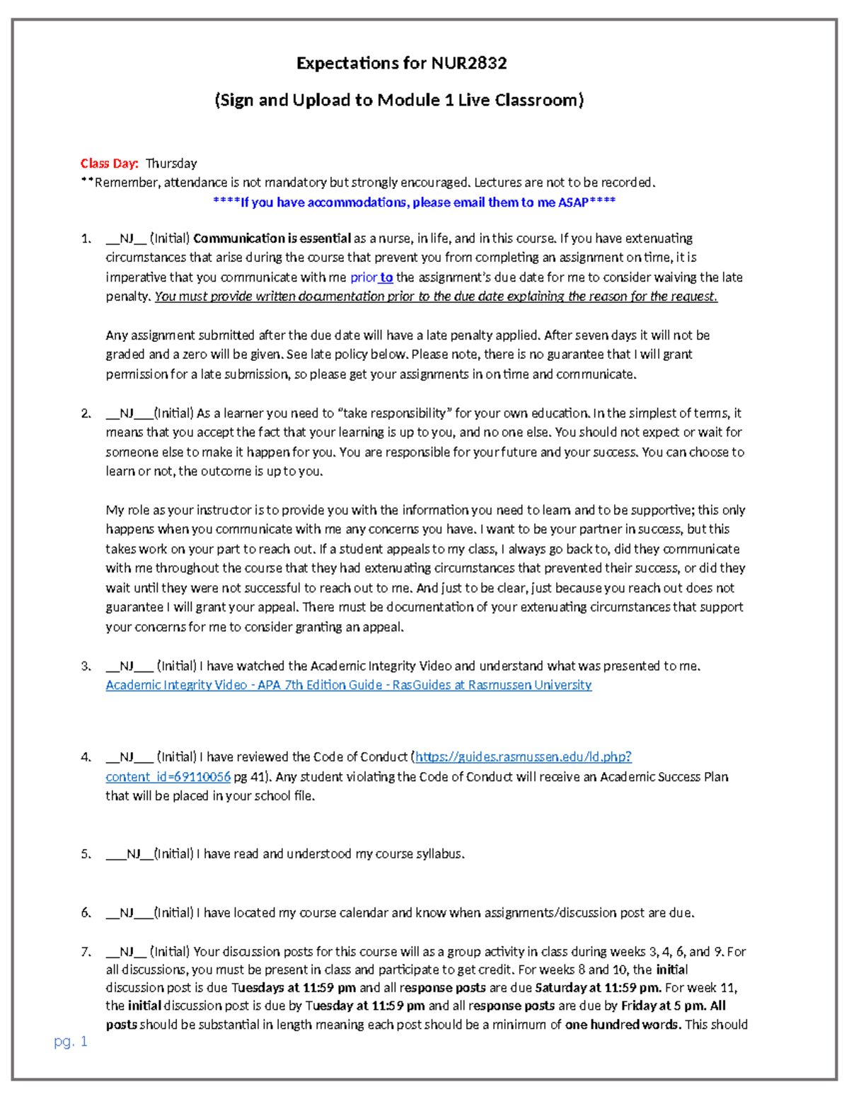 Class Expectations - (Sign and Upload to Module 1 Live Classroom) Class ...