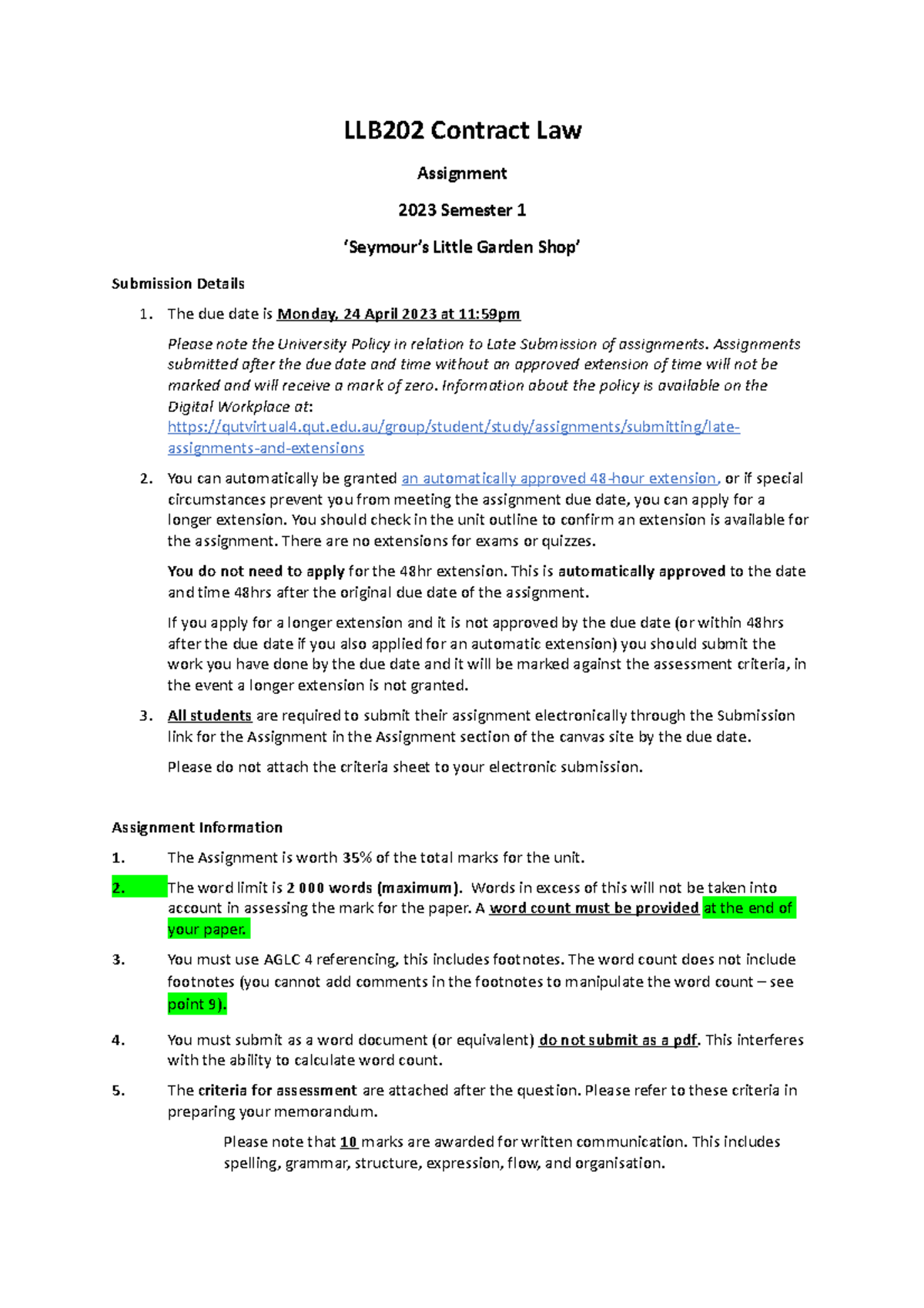 Question LLB202 Contract Law Assessment 2 Contract Interpretation ...