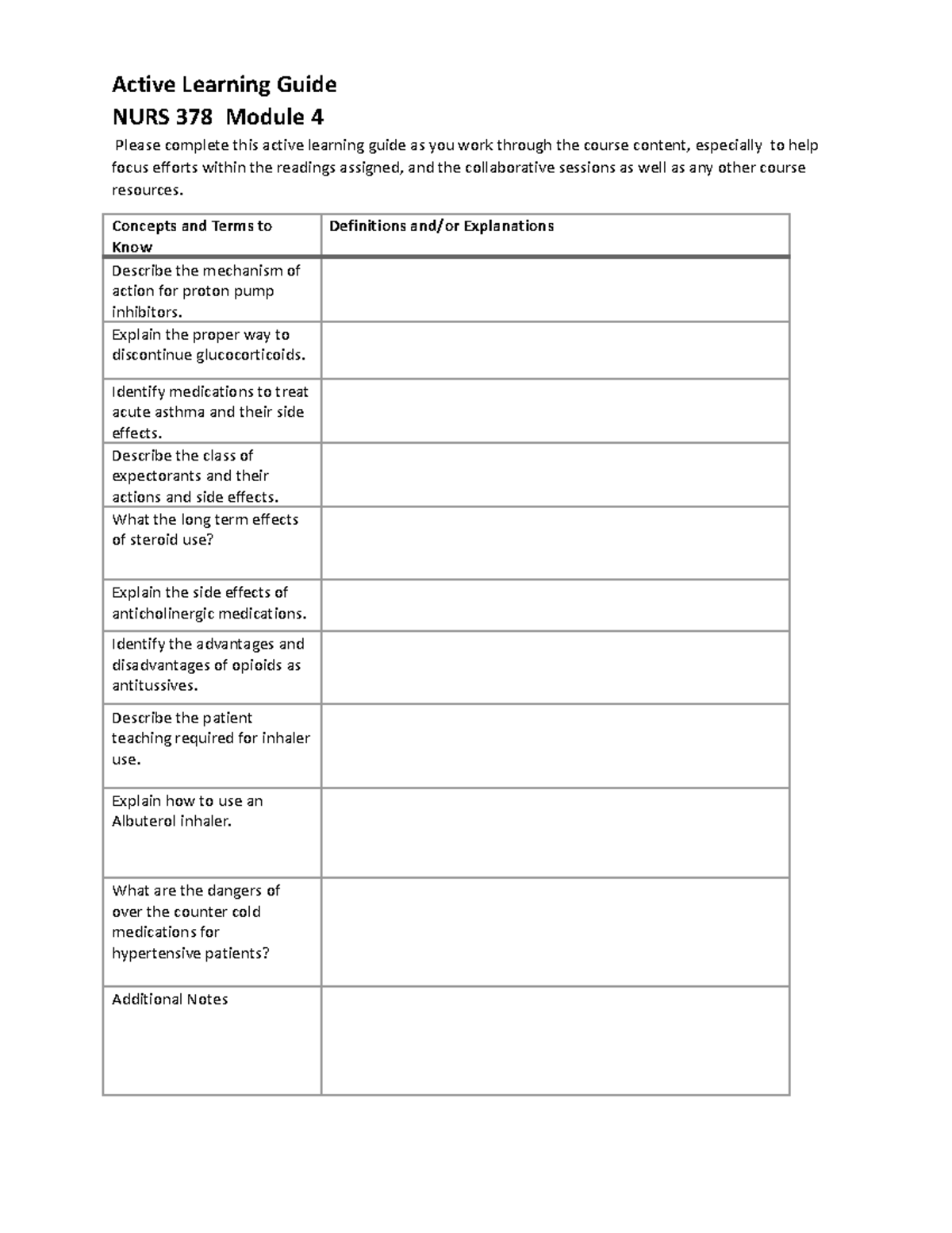 Active Learning Guide Module 4 NUR378 Pharm - Active Learning Guide NURS 378 Module 4 Please ...