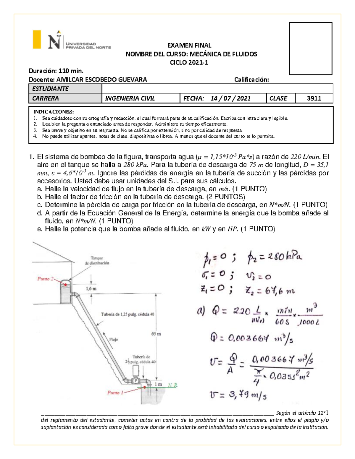 Solucion Examen Final 3911 - mecanica de fluidos - UPN - Studocu