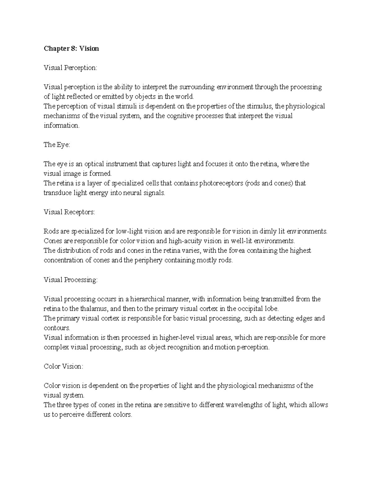 PSYC 230 Chapter 8 - Notes for PSYC 230 Ch 8 - Chapter 8: Vision Visual ...