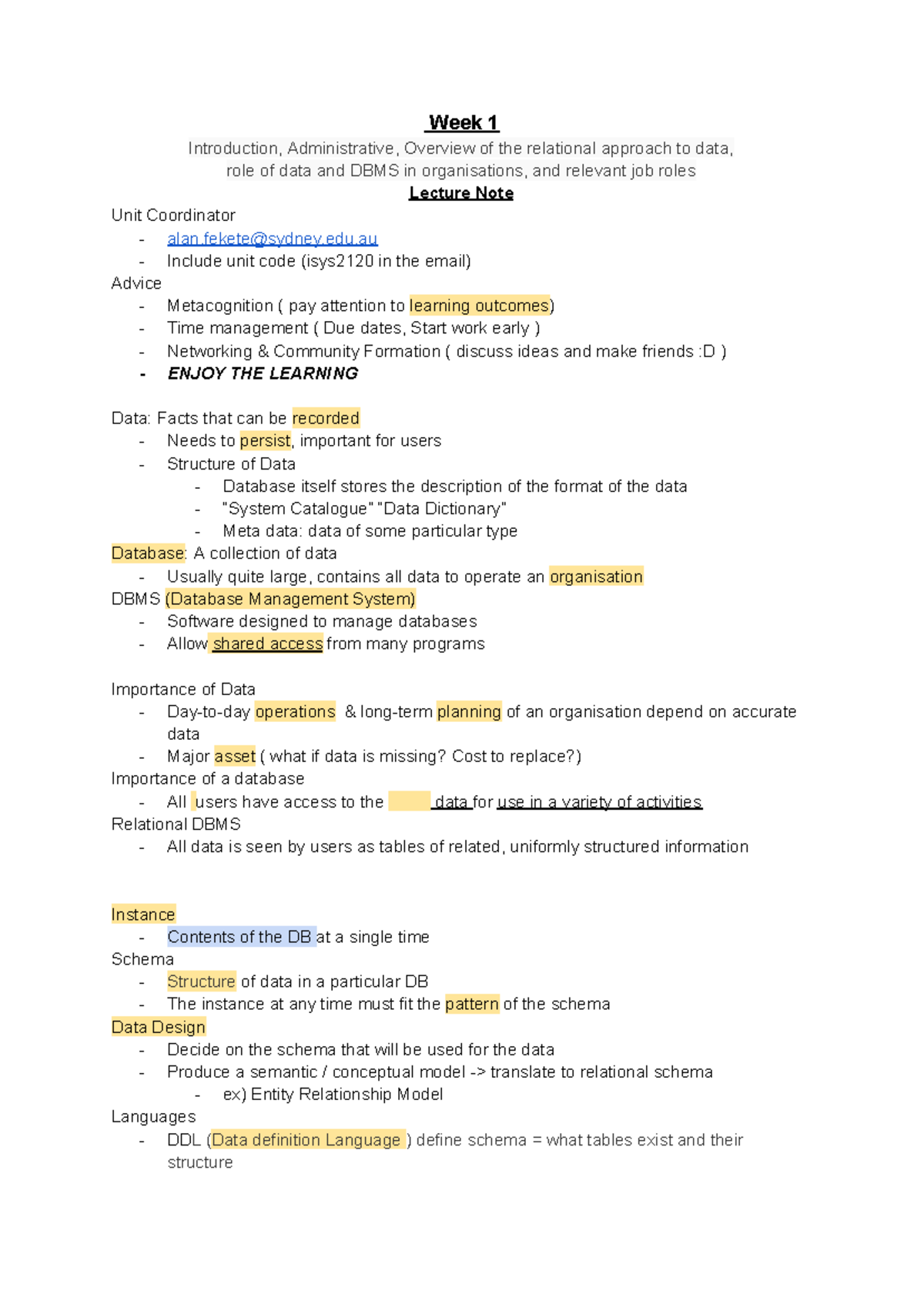 ISYS2120 final prep note - Week 1 Introduction, Administrative, Overview of the relational ...