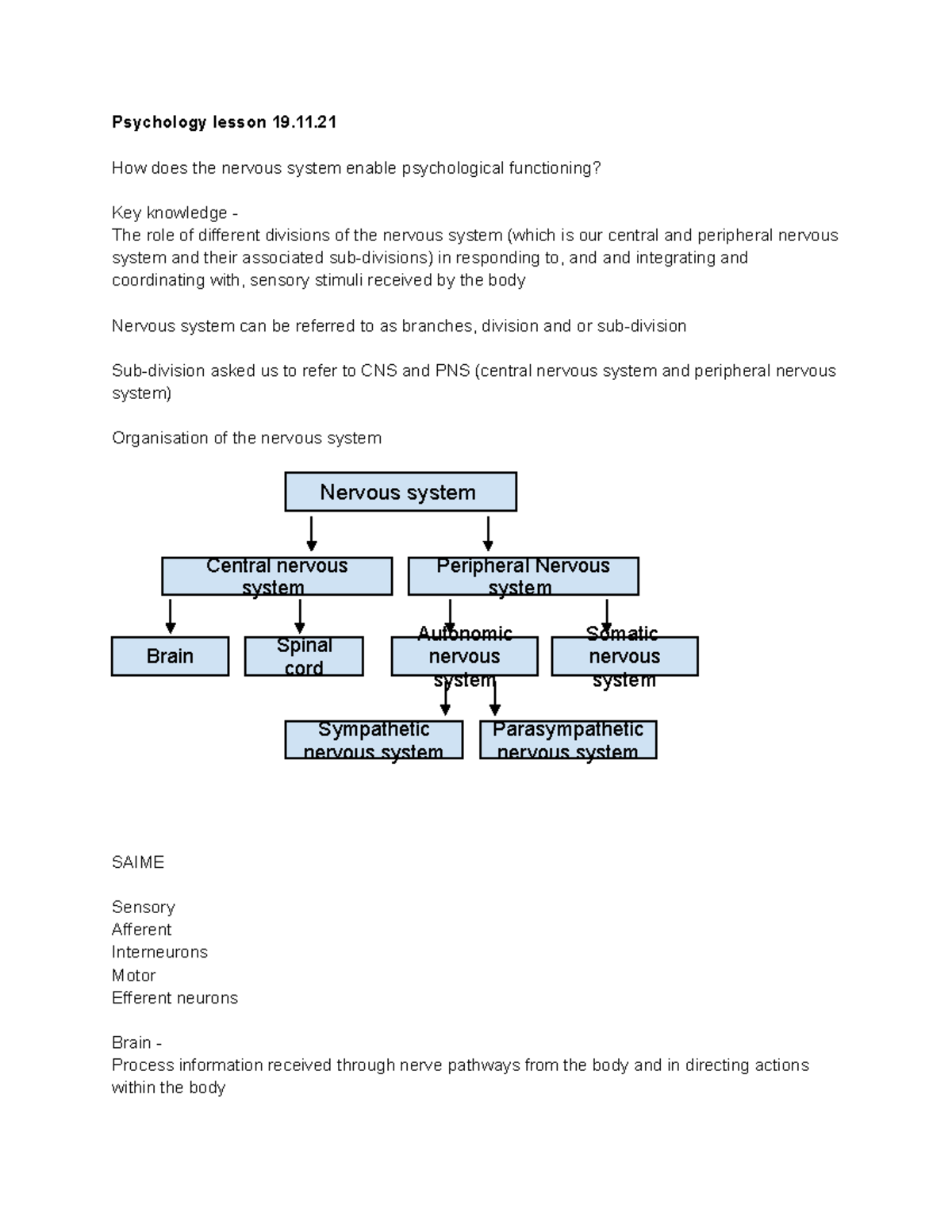 Psychology lesson summary nervous system unit 3/4 2022 - Psychology ...
