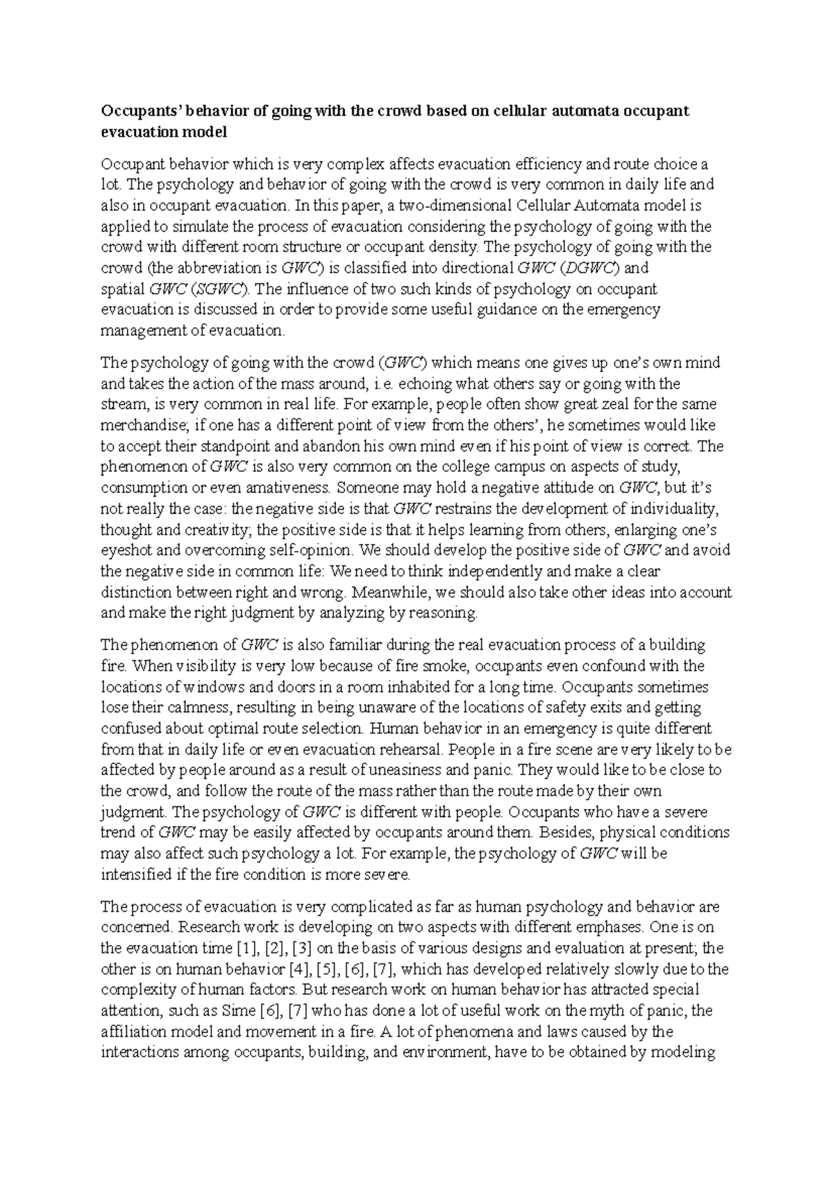 Occupants Behavior Of Going With The Crowd Based On Cellular Automata