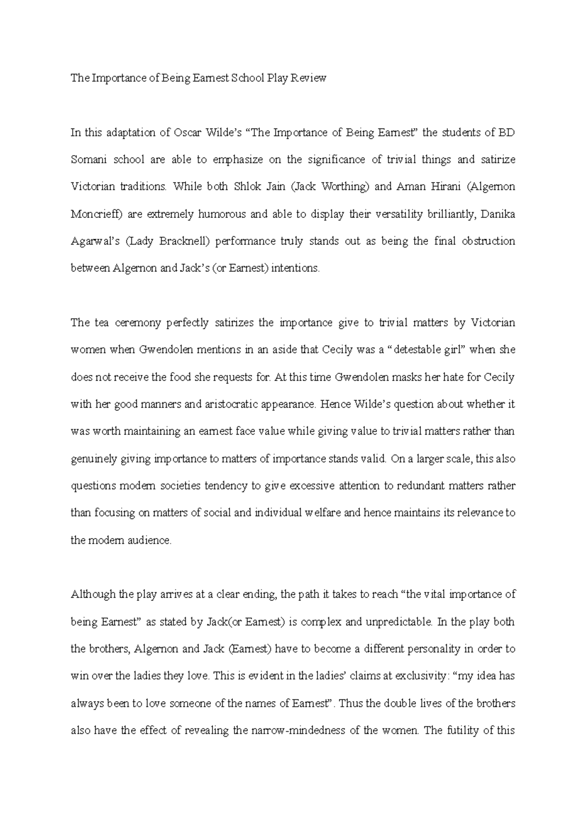 The Importance of Being Earnest Play Review - The Importance of Being ...