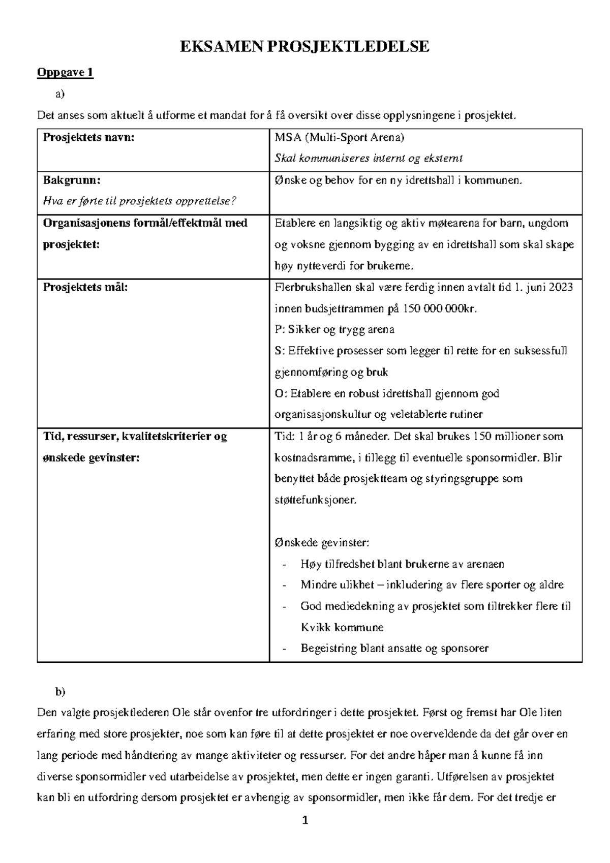 Eksempel på A-besvarelse høst 2021 - EKSAMEN PROSJEKTLEDELSE Oppgave 1 a) Det anses som aktuelt ...