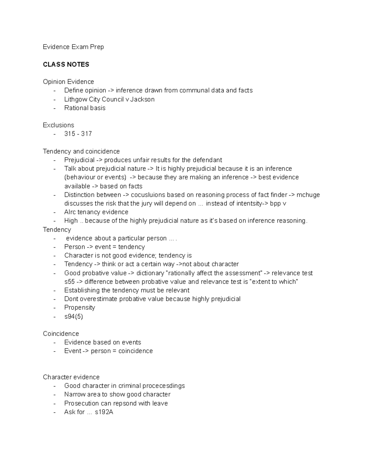 Evidence Exam Prep - Evidence Exam Prep CLASS NOTES Opinion Evidence ...