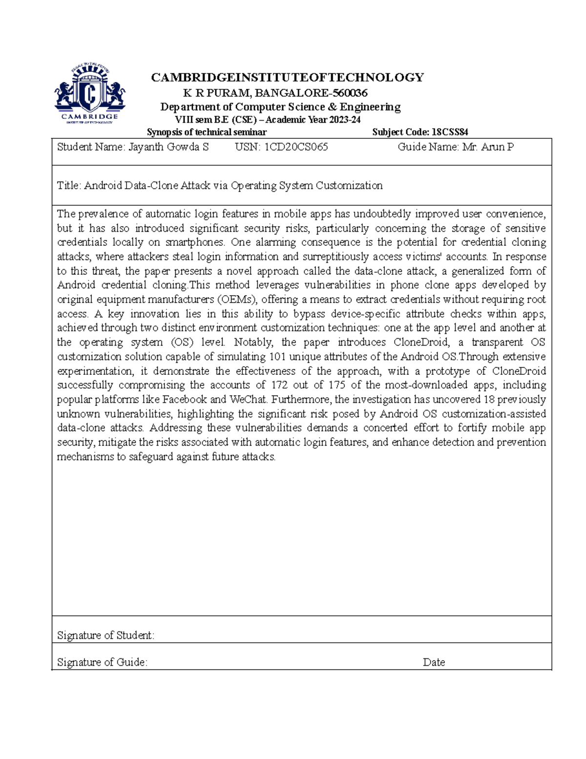 Technical Seminar Synopsis - CAMBRIDGEINSTITUTEOFTECHNOLOGY K R PURAM ...