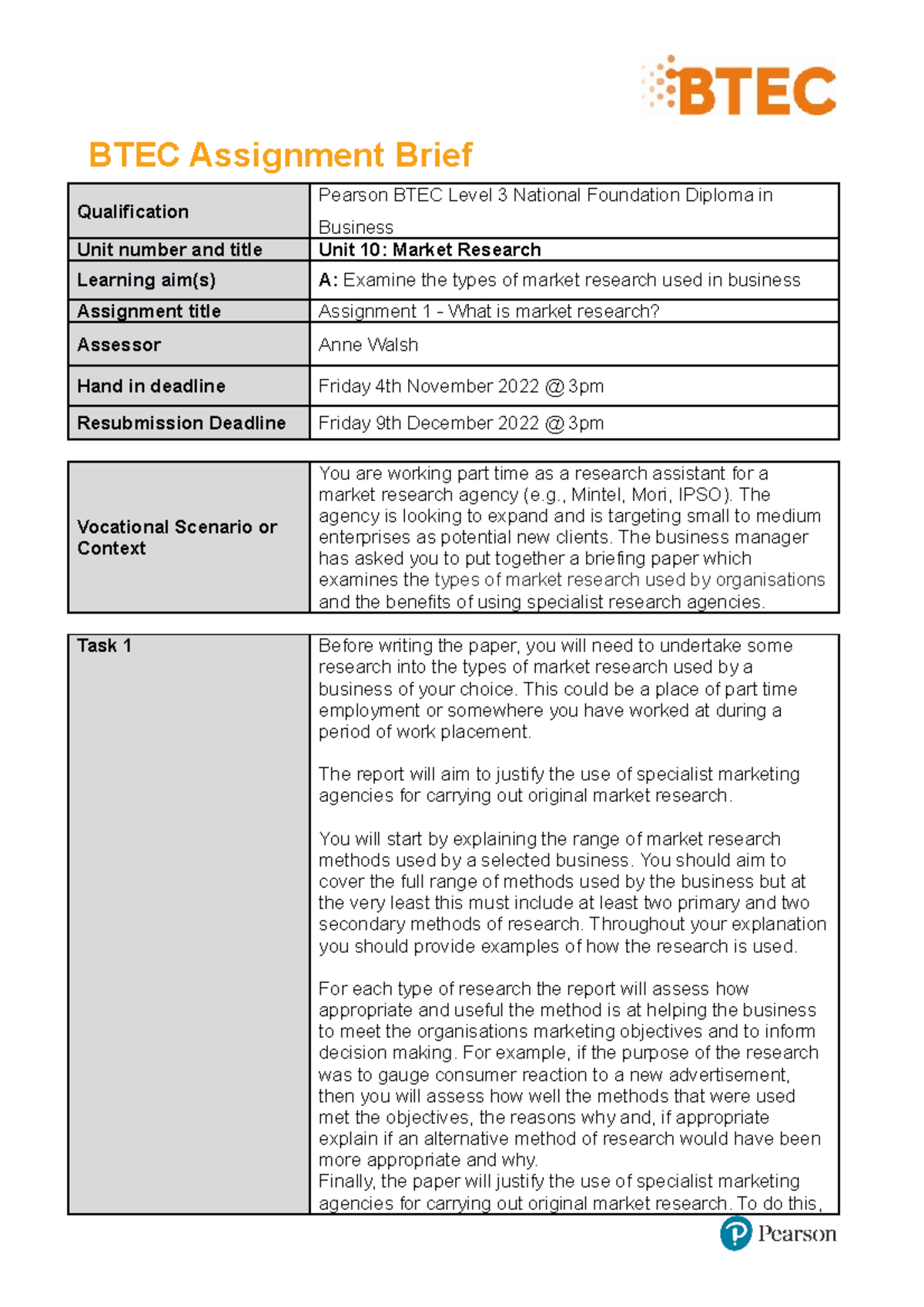 Assignment 1 ANNE - eeeee - BTEC Assignment Brief Qualification Pearson BTEC Level 3 National ...