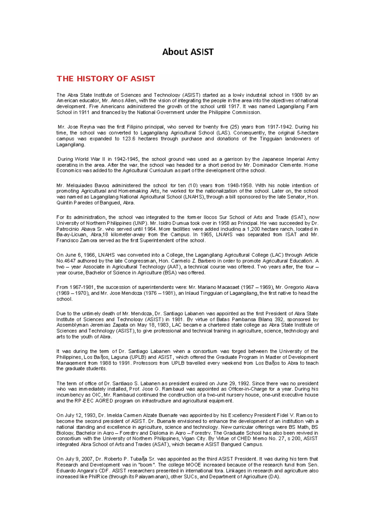 About Asist (UA) - About ASIST THE HISTORY OF ASIST The Abra State ...