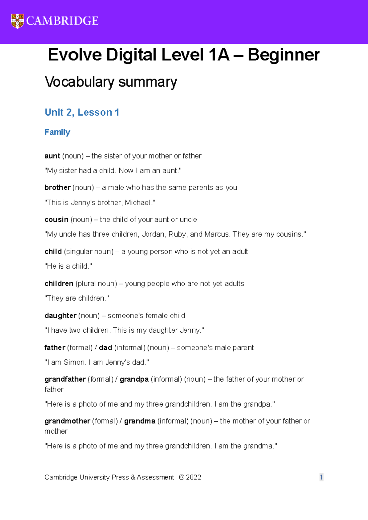 Unit 2 - BG - Vocabulary - EFEF - Evolve Digital Level 1A – Beginner ...