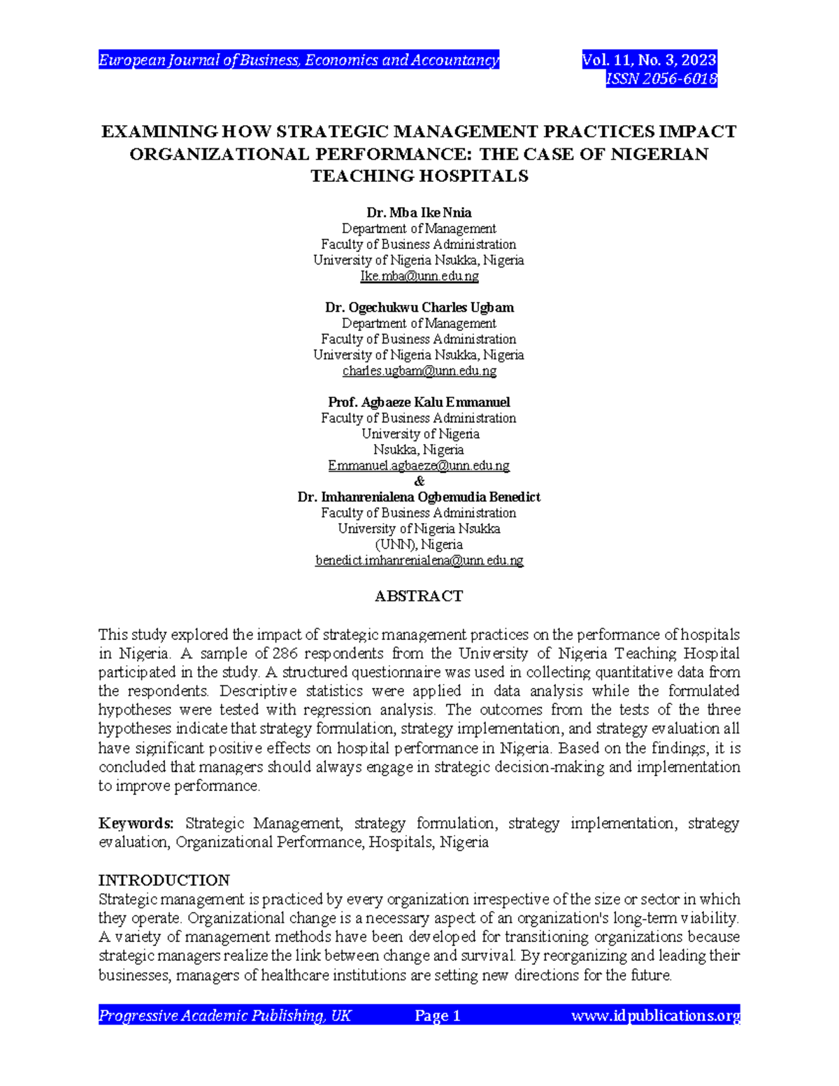 Full Paper Examining HOW Strategic Management Practices Impact Organizational Performance - ISSN ...