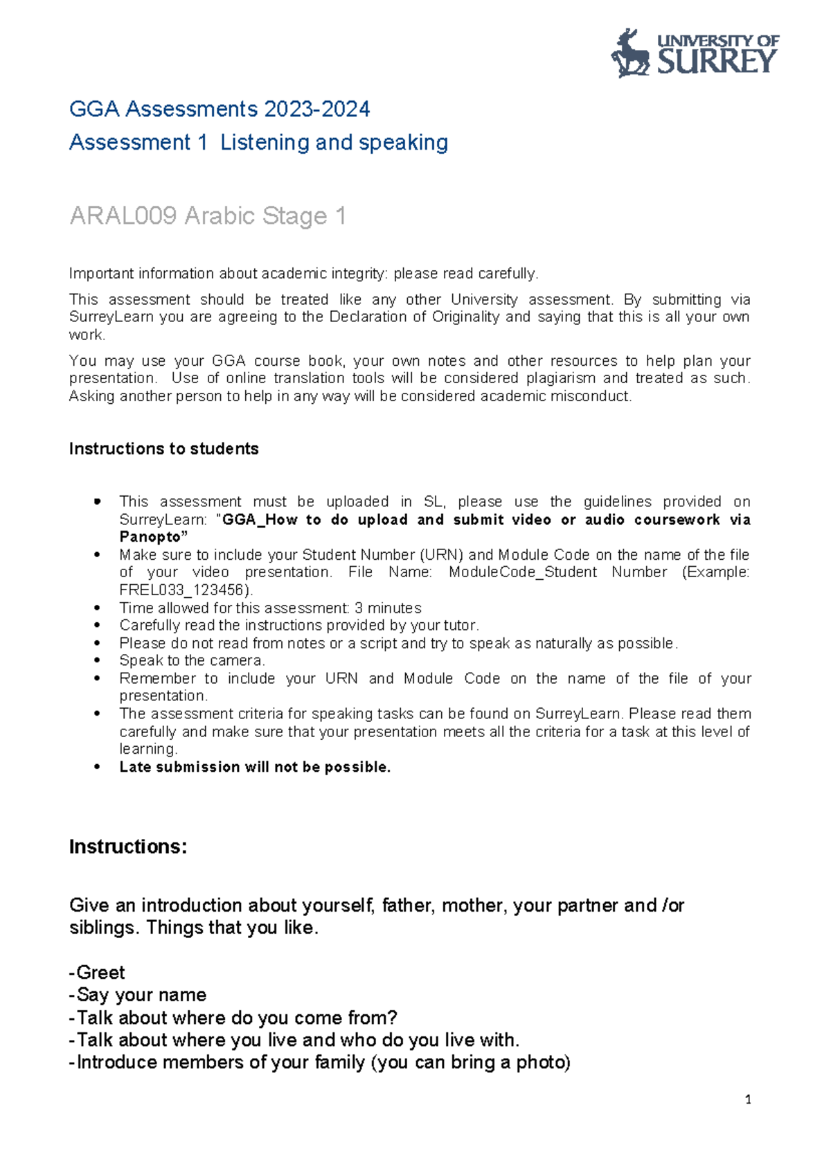 Arabic stage 1 Assessment 1 - GGA Assessments 2023- Assessment 1 ...