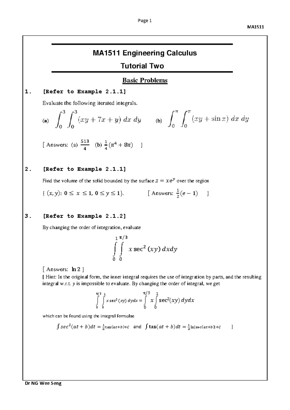 MA1511 2021S2 Tutorial 2 - ####### MA MA1511 Engineering Calculus Tutorial Two Basic Problems 1 ...