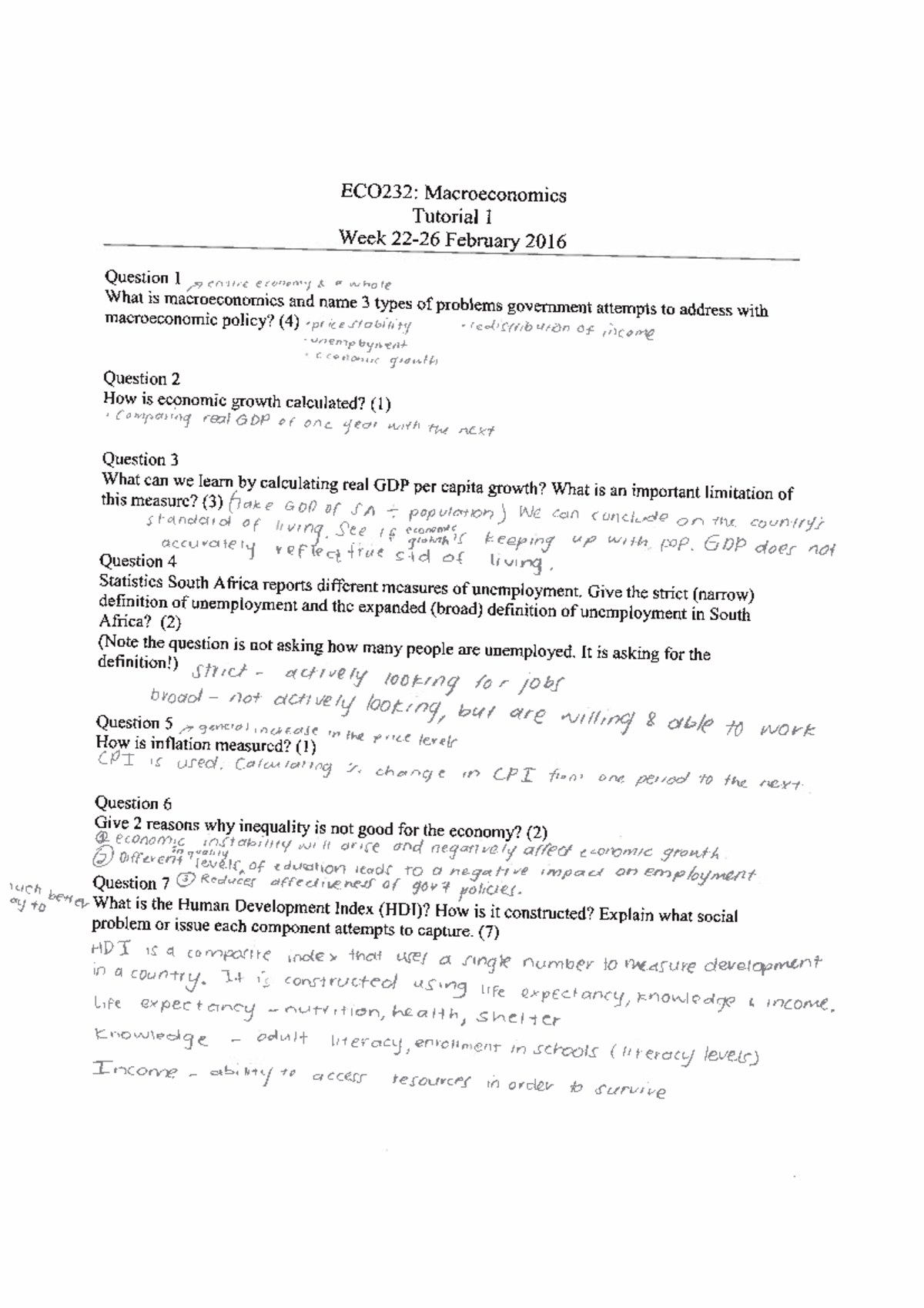 Eco232 Tut 1 2016 - WITH ANSWERS - EC0232: Macroeconomics Tutorial 1 Week 22-26 February 2016 ...