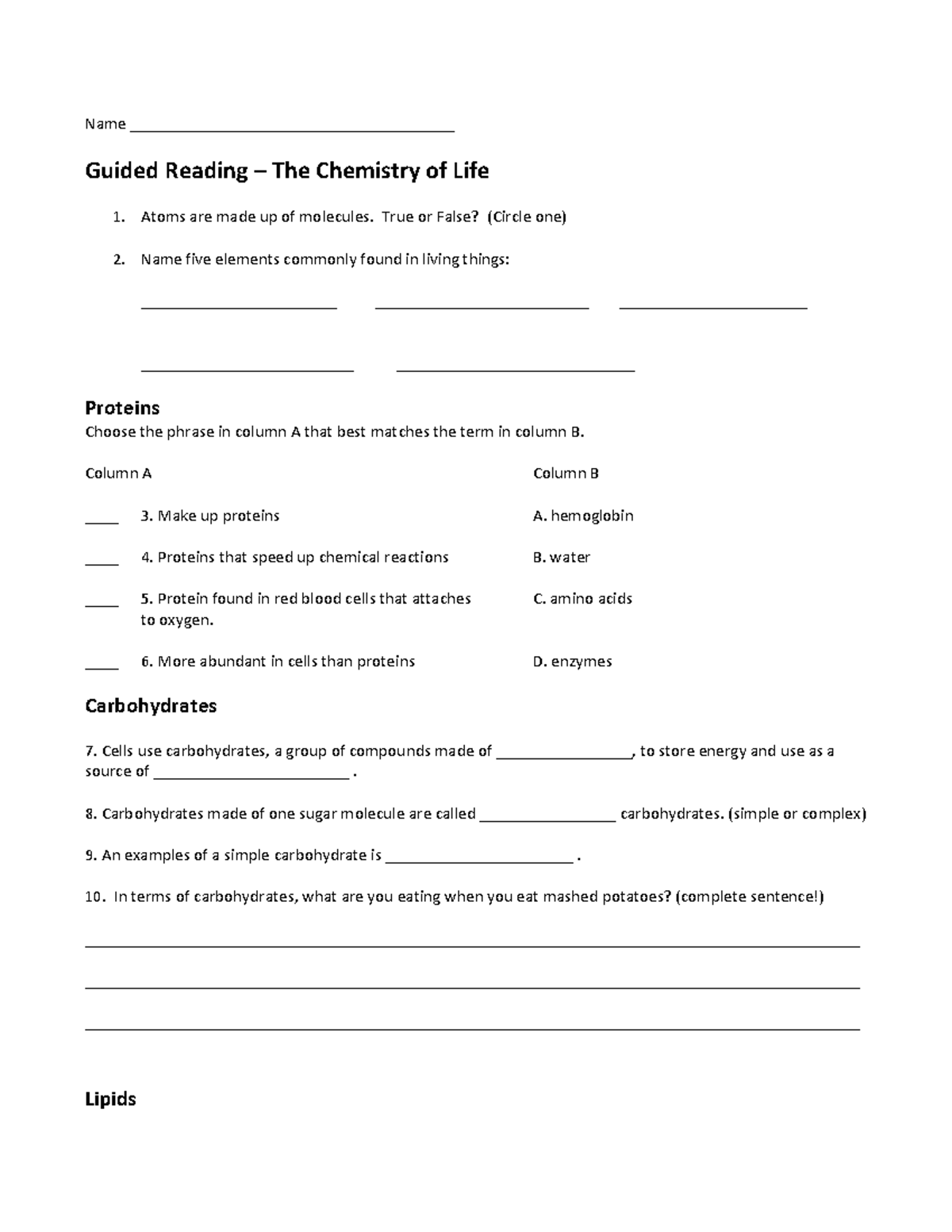BIOLOGYOF LIFE Worksheet - Name ...