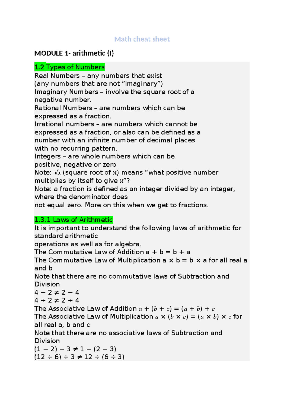 Math cheat sheet - Math cheat sheet MODULE 1- arithmetic (I) 1 Types of Numbers Real Numbers ...