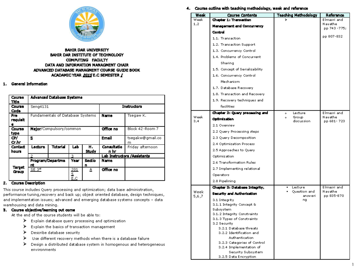 Adv DB course guide book Final - 1 BAHIR DAR UNIVERSITY BAHIR DAR ...