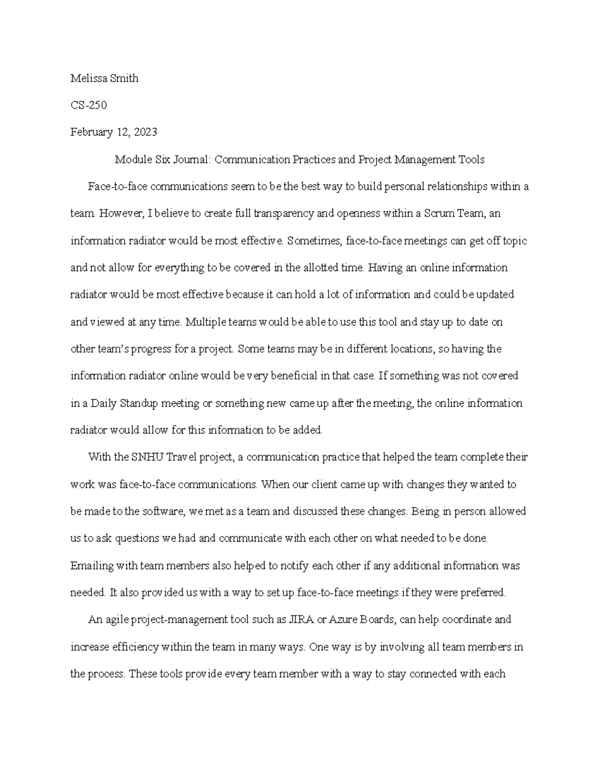 CS 250 Module 6 Journal Melissa - Melissa Smith CS- February 12, 2023 ...