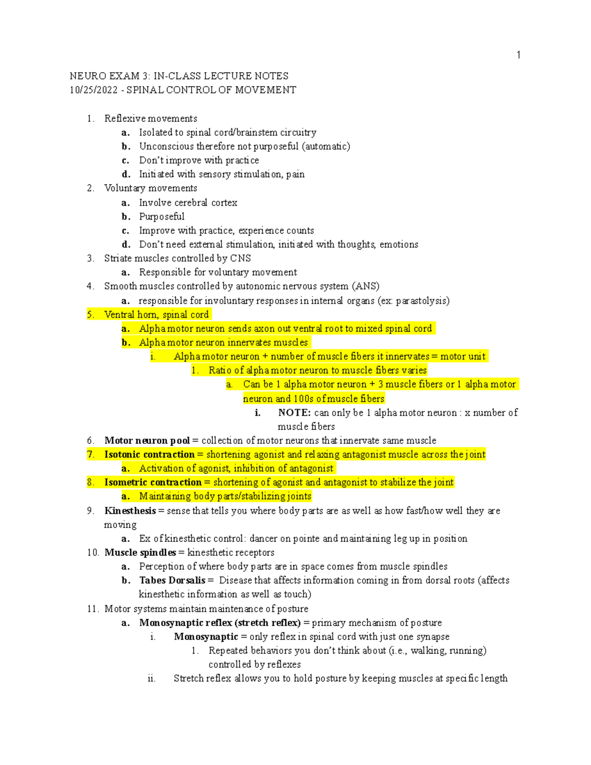 Neuro Exam 3 In Class Lecture Notes Neuro Exam 3 In Class Lecture Notes 10252022 Spinal