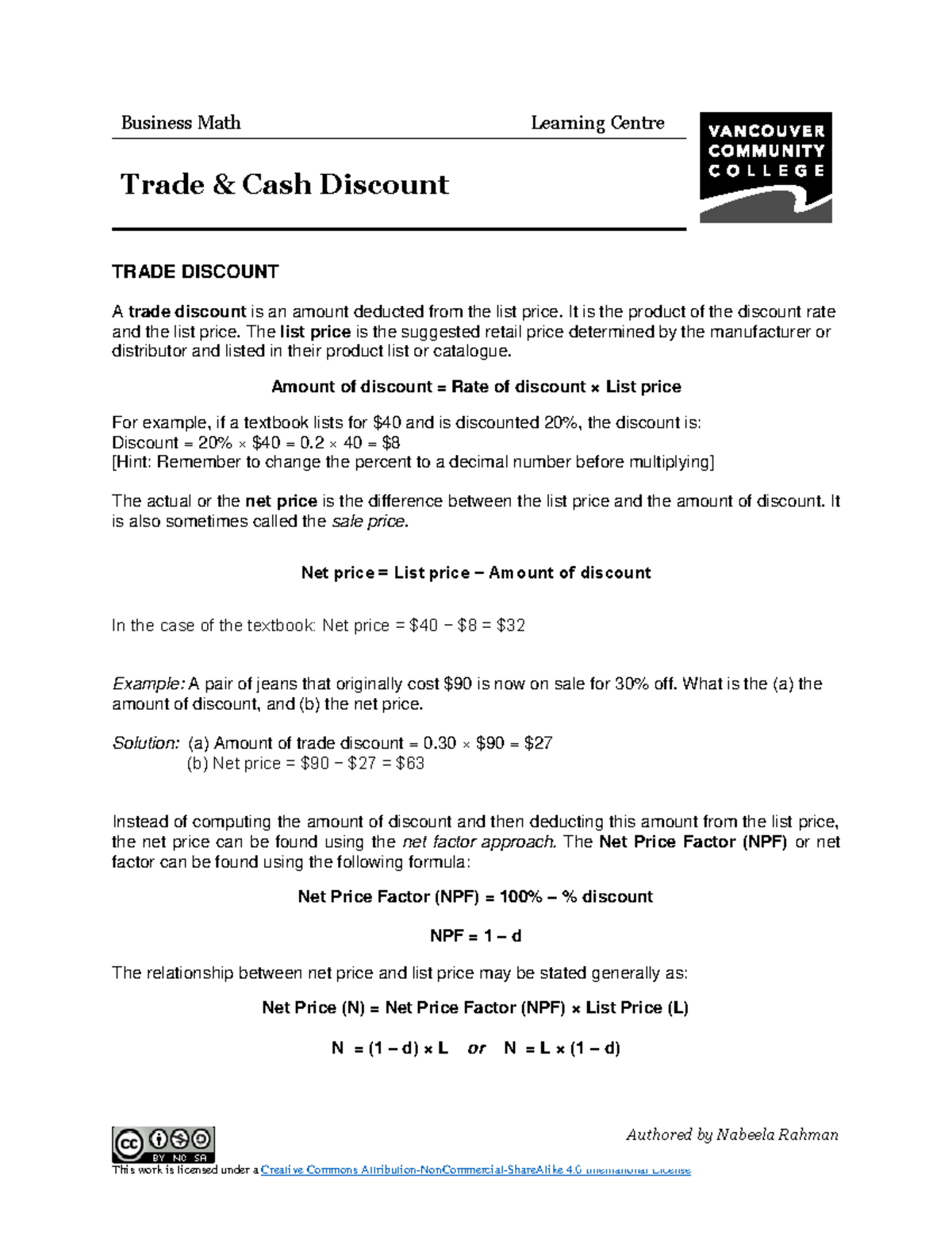 7 Trade and Cash Discount - Authored by Nabeela Rahman Business Math ...