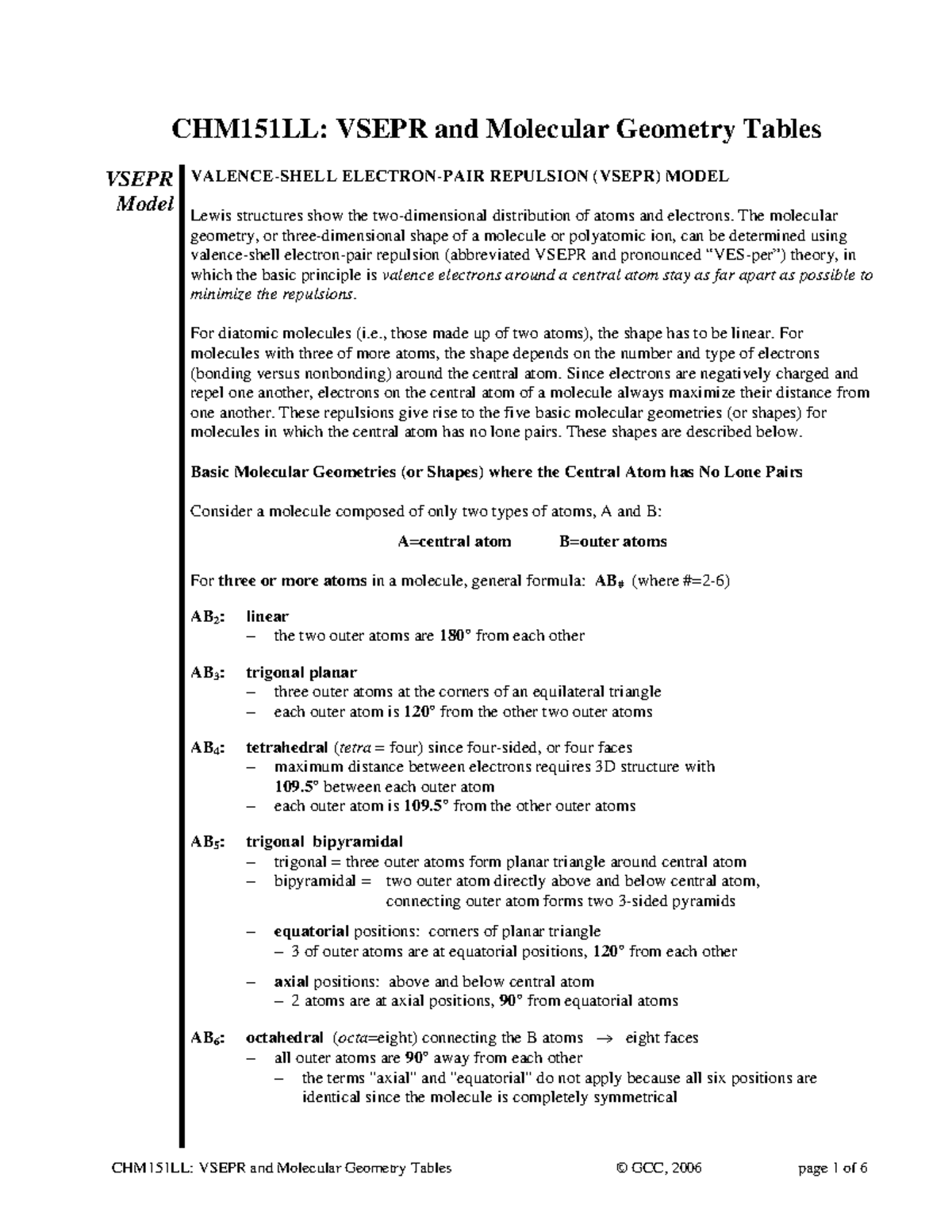 Vsepr and Molecular Shapes Tables - CHM151LL: VSEPR and Molecular ...