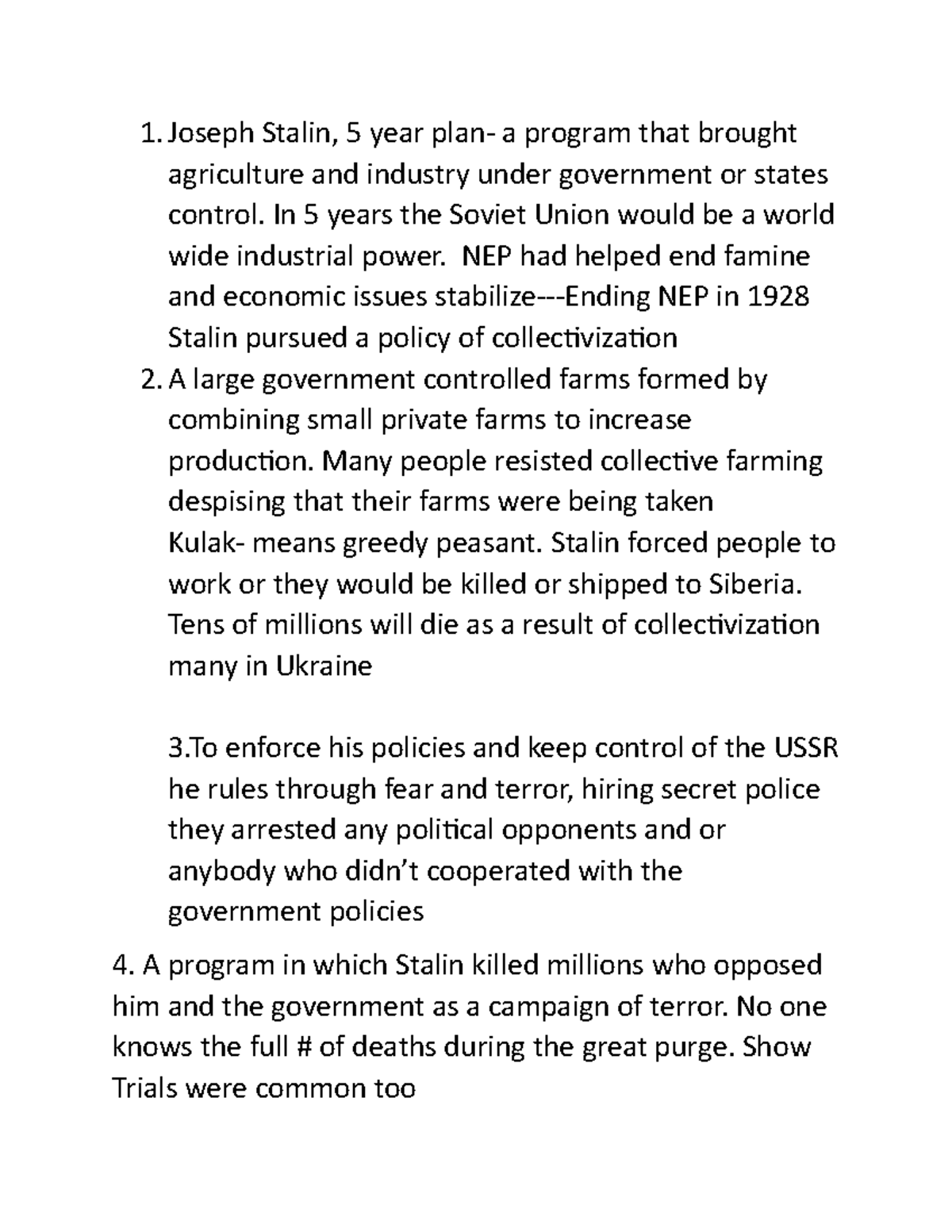 Interwar period note set - Joseph Stalin, 5 year plan- a program that ...