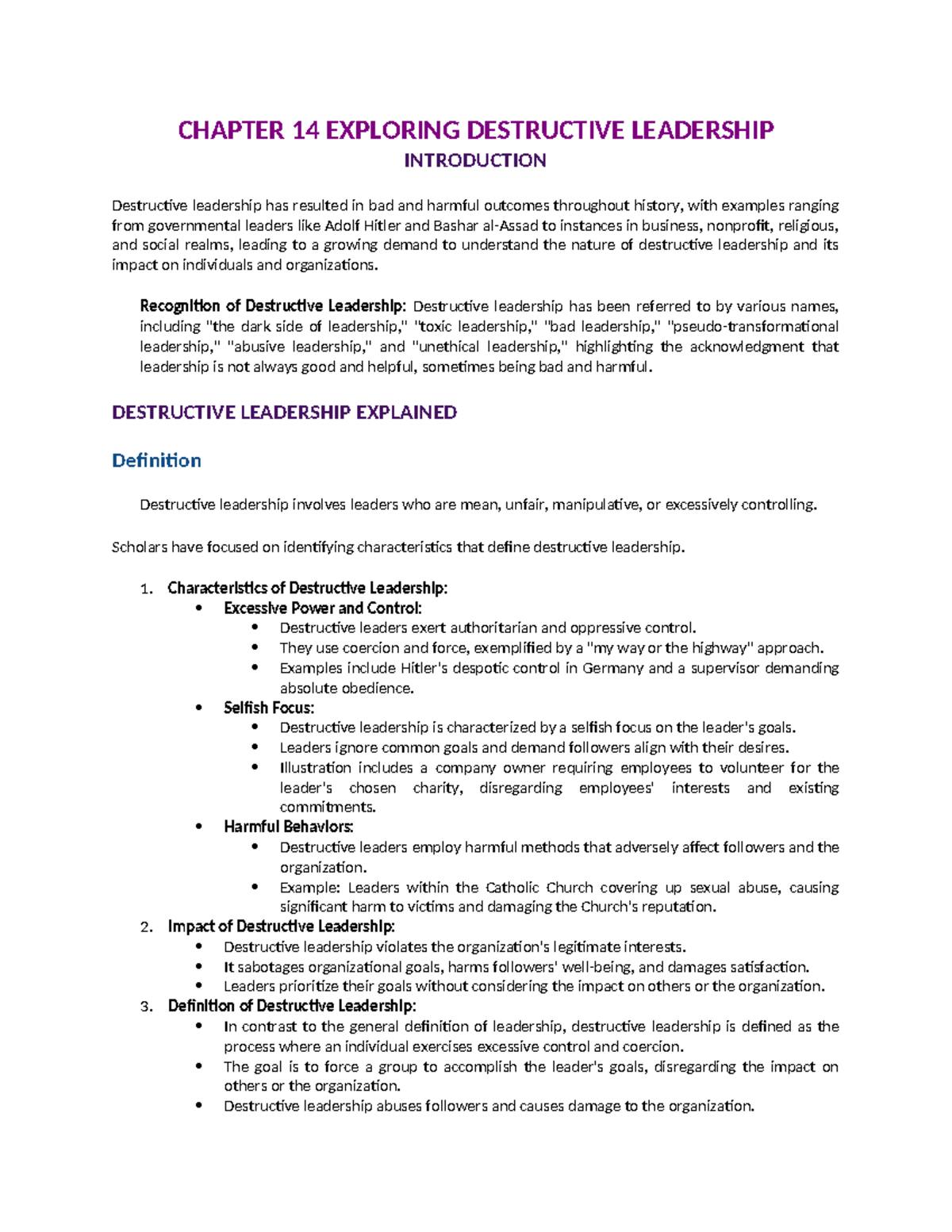 Chapter 14 Exploring Destructive Leadership Introduction - CHAPTER 14 ...