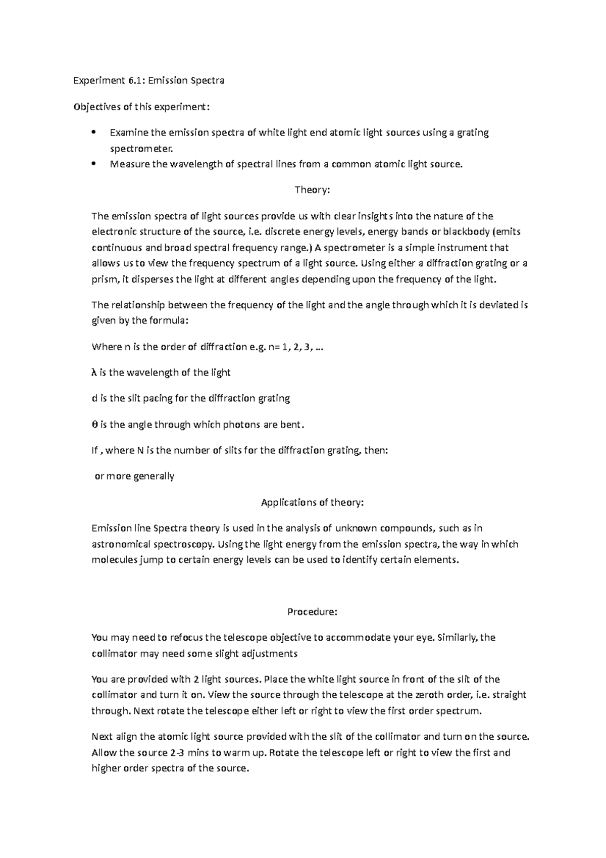 Experiment 6 - Measure the wavelength of spectral lines from a common ...