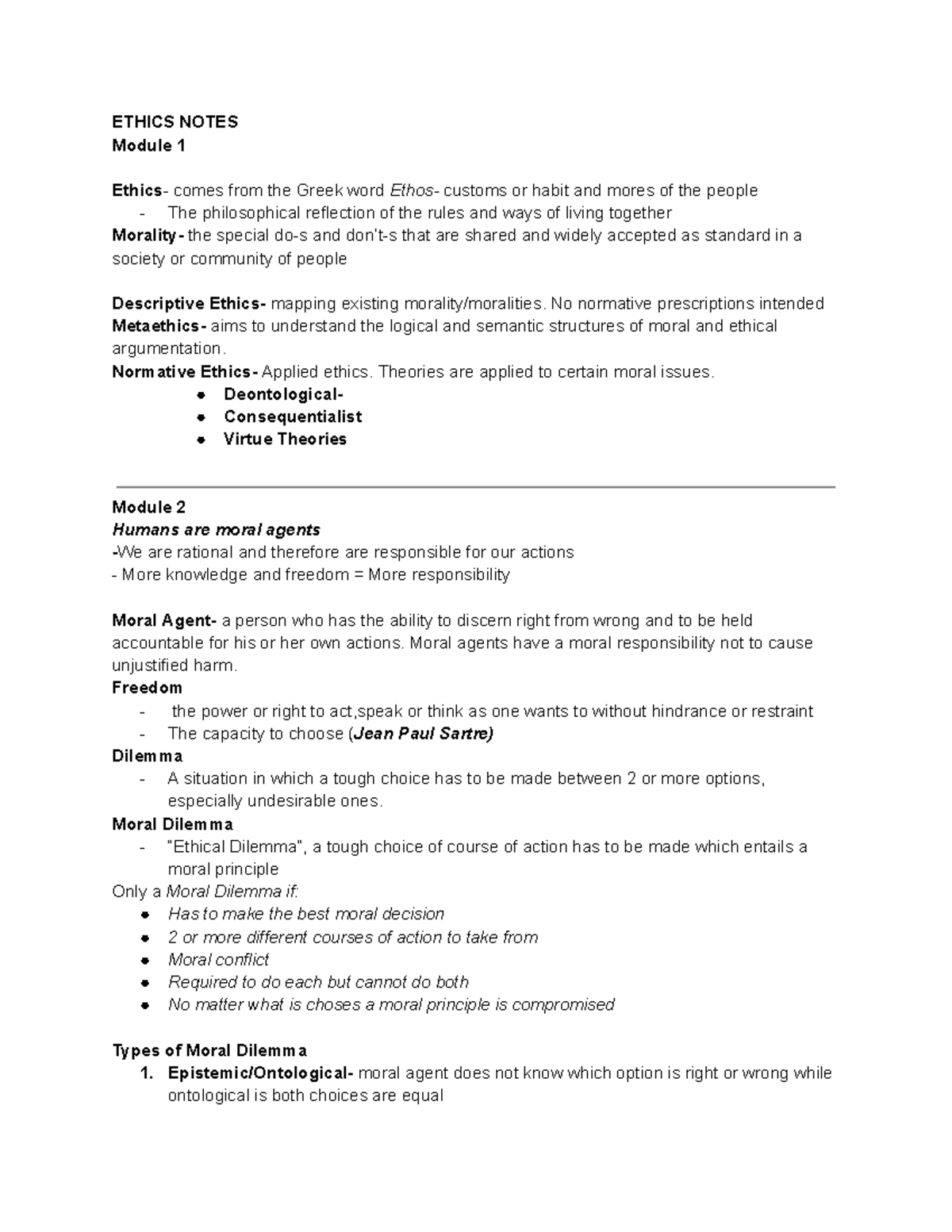 ETHICS NOTES MIDTERM - ETHICS NOTES Module 1 Ethics- comes from the ...