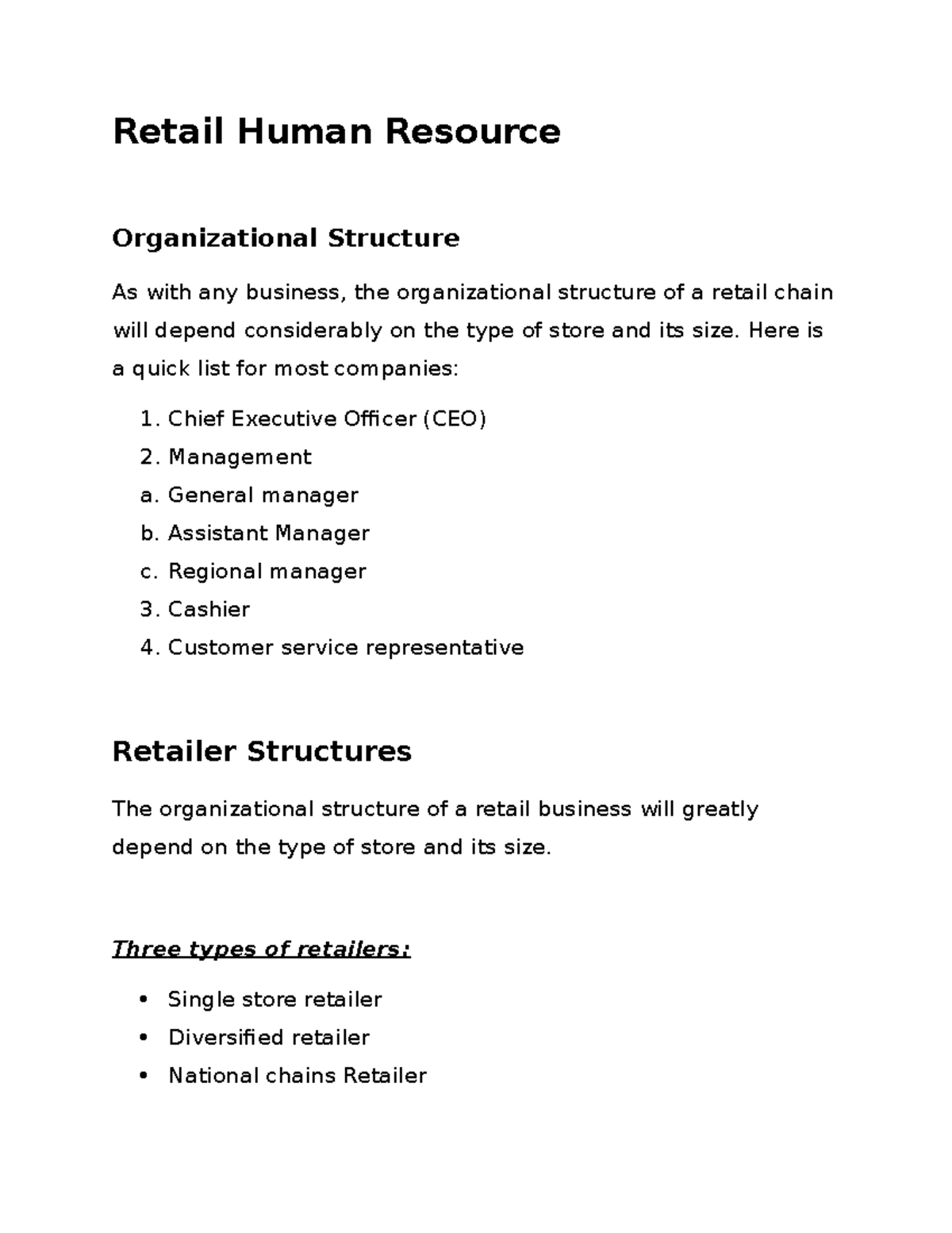 Retail Human Resource - Retail Human Resource Organizational Structure ...