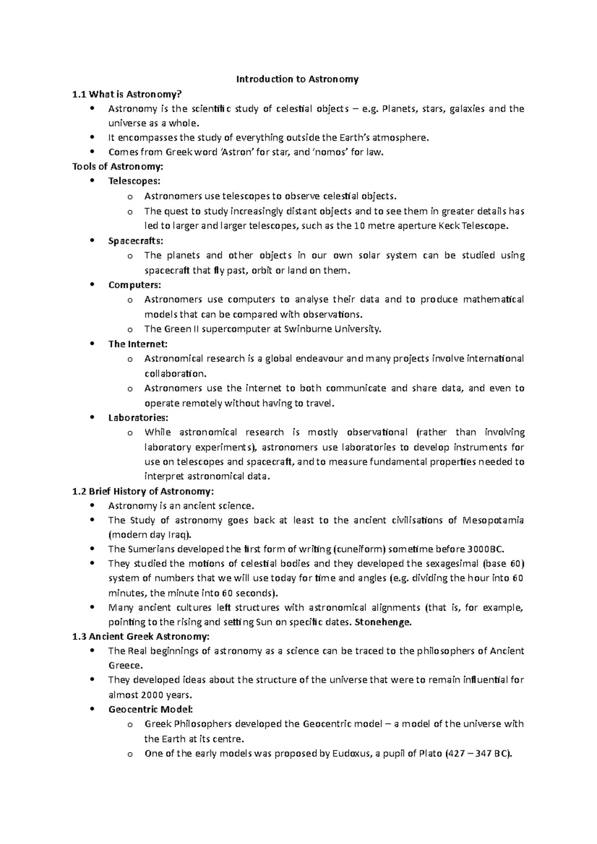 Astronomy Chapter 1-2 notes - Introduction to Astronomy 1 What is ...