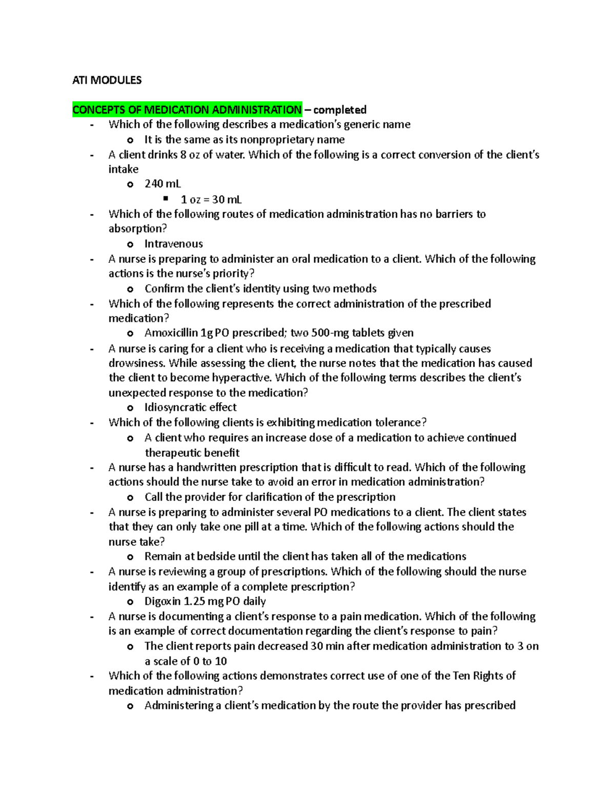 ATI Modules - ATI MODULES CONCEPTS OF MEDICATION ADMINISTRATION ...
