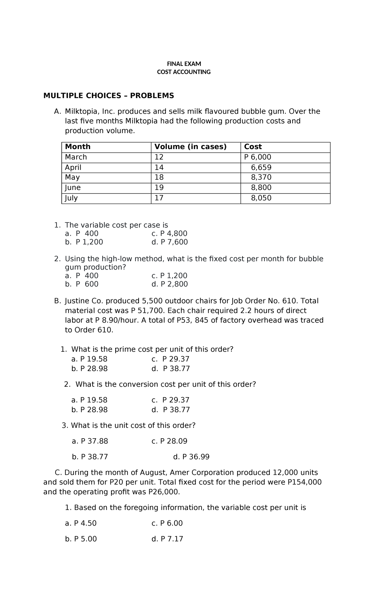 COST Acctg- Final EXAM - afxghjknh - FINAL EXAM COST ACCOUNTING ...