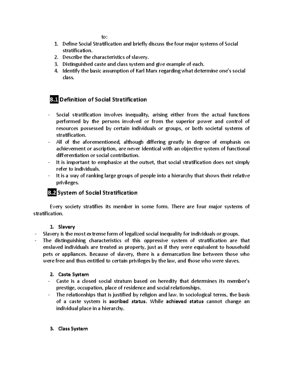 Chapter 8 - 1. Define Social Stratification and briefly discuss the ...